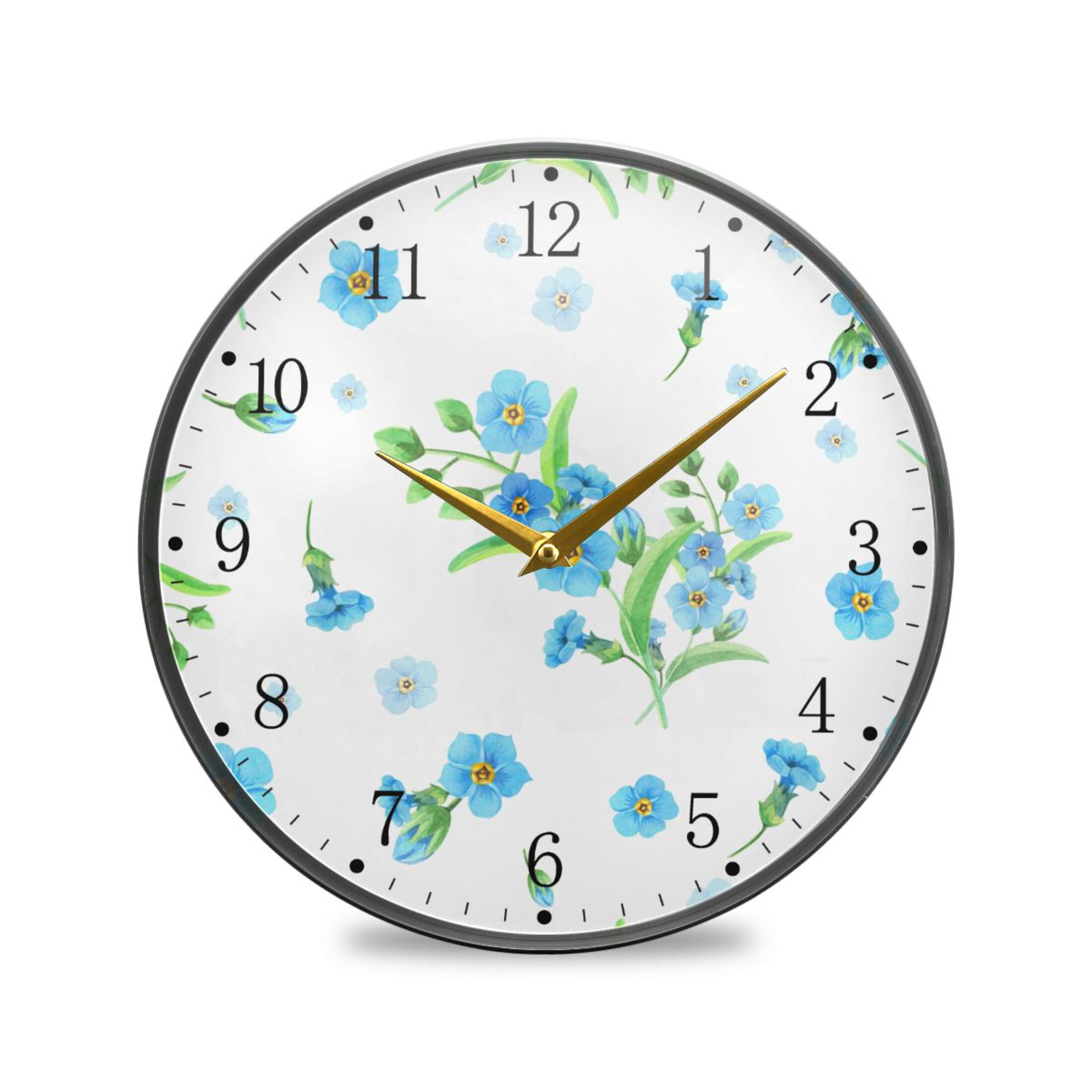 Blue Flowers with Green Leaves Acrylic Wall Clocks Quiet Round Clock ...