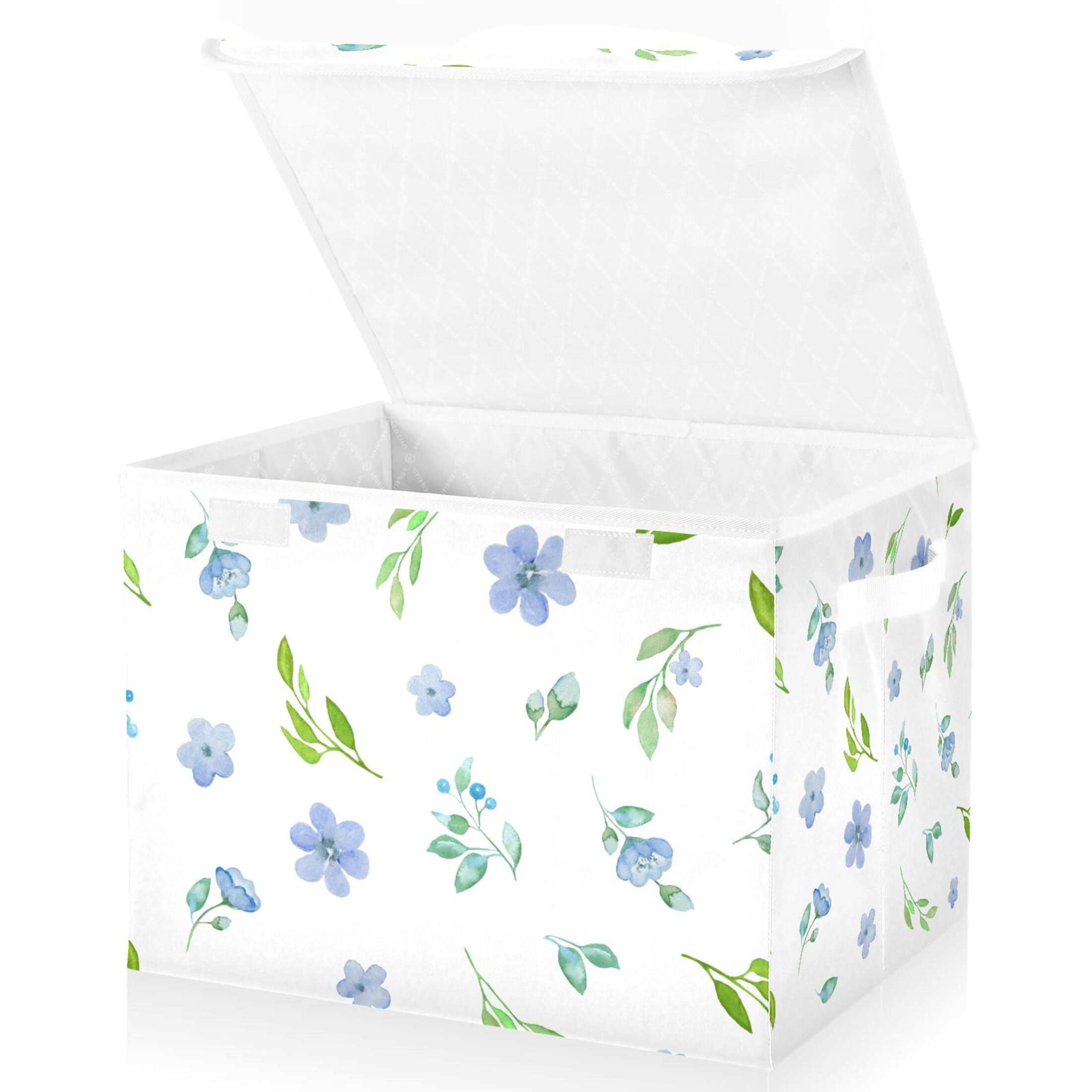 Blue Flowers and Green Leaves Large Lidded Storage Bin Foldable Storage ...