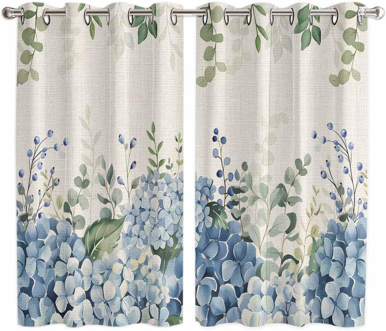 Blue Flowers Grommets Window Treatment Curtain, Green Eucalyptus Floral ...