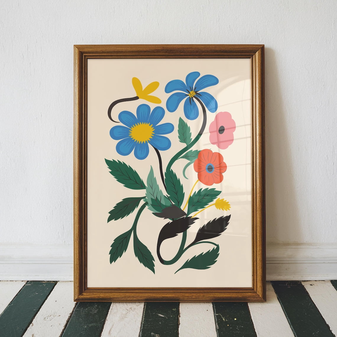 Blue Flowers Handrawn Art Peonies Colorful Home Decor Maximalist ...