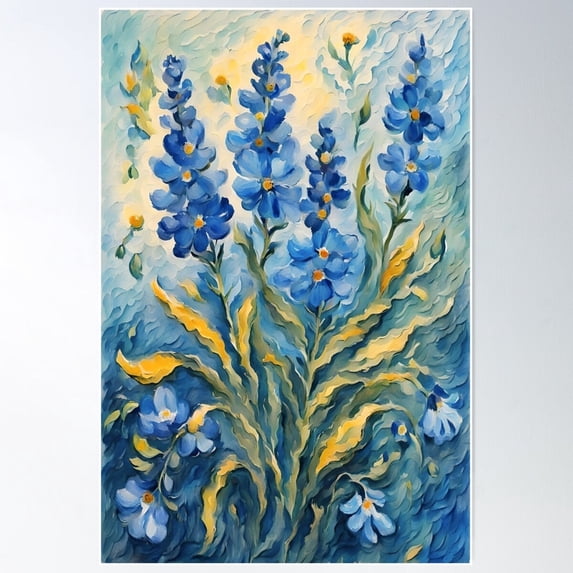Blue Flowers In Sunlight, Gouache Watercolor Style Poster Wall Art ...