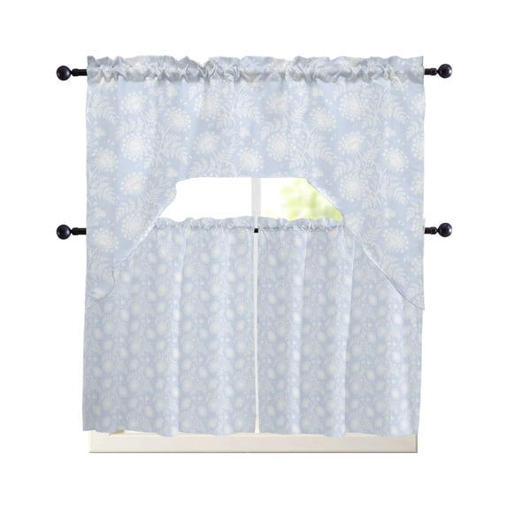 Blue Flowers Kitchen Curtains Set for Windows 3 Piece Cafe Curtains 24 ...