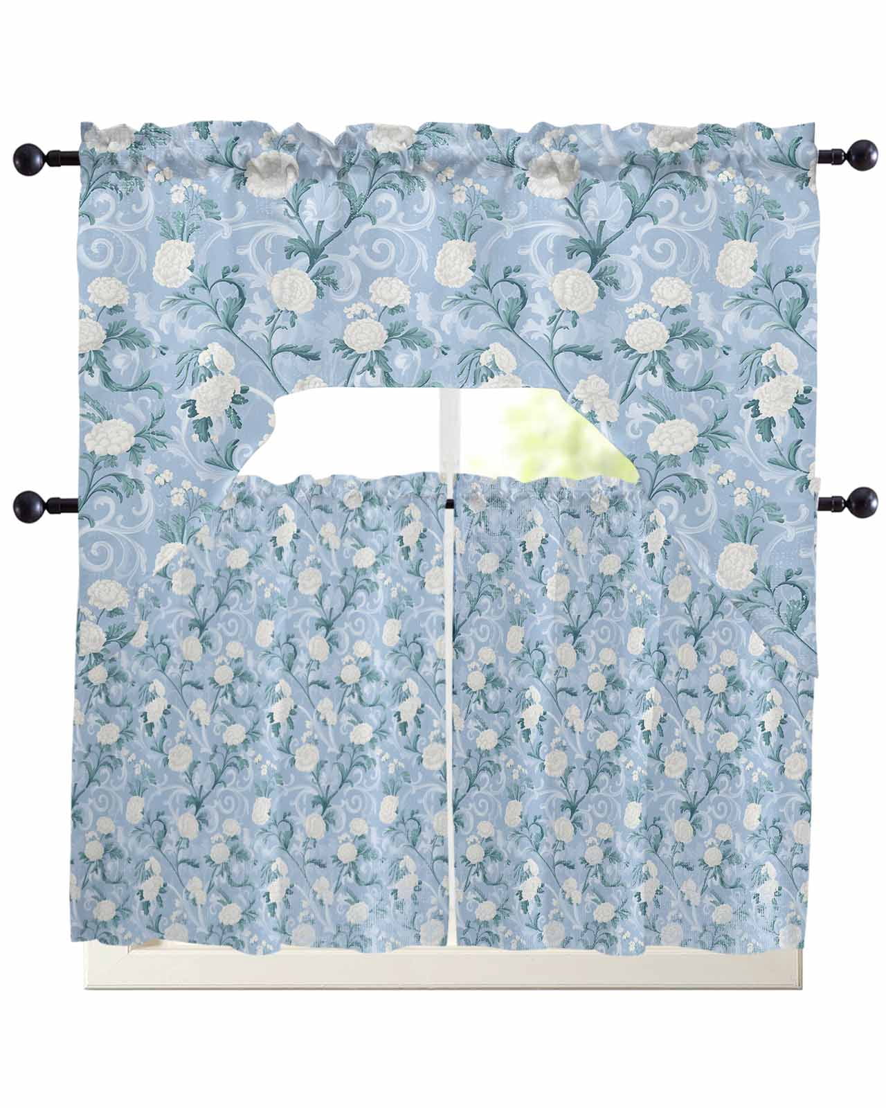 Blue Flowers Kitchen Curtains Set for Windows 3 Piece Cafe Curtains 36 ...