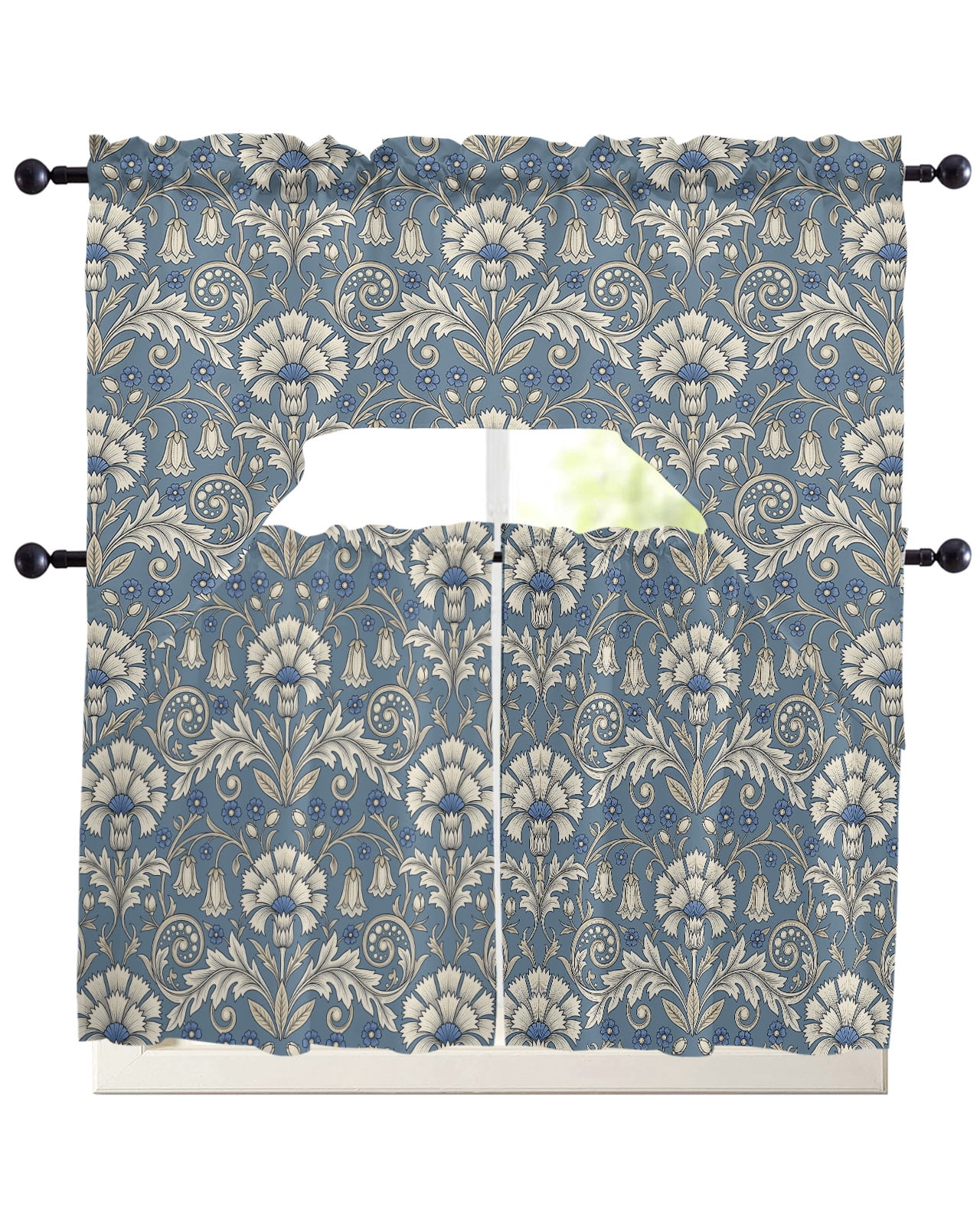 Blue Flowers Kitchen Curtains Set for Windows 3 Piece Cafe Curtains 36 ...