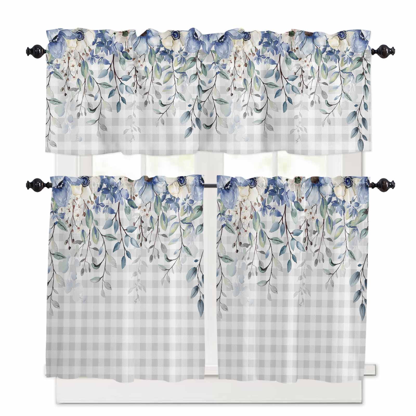 Blue Flowers Kitchen Curtains Set for Windows 3 Pieces,24 Inch Length ...