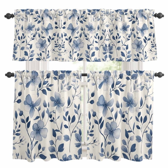 Blue Flowers Kitchen Curtains Set for Windows, Watercolor Leaf Summer ...