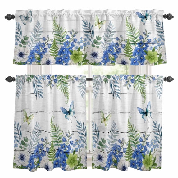 Blue Flowers Kitchen Curtains Set for Windows, White Floral Butterflies ...