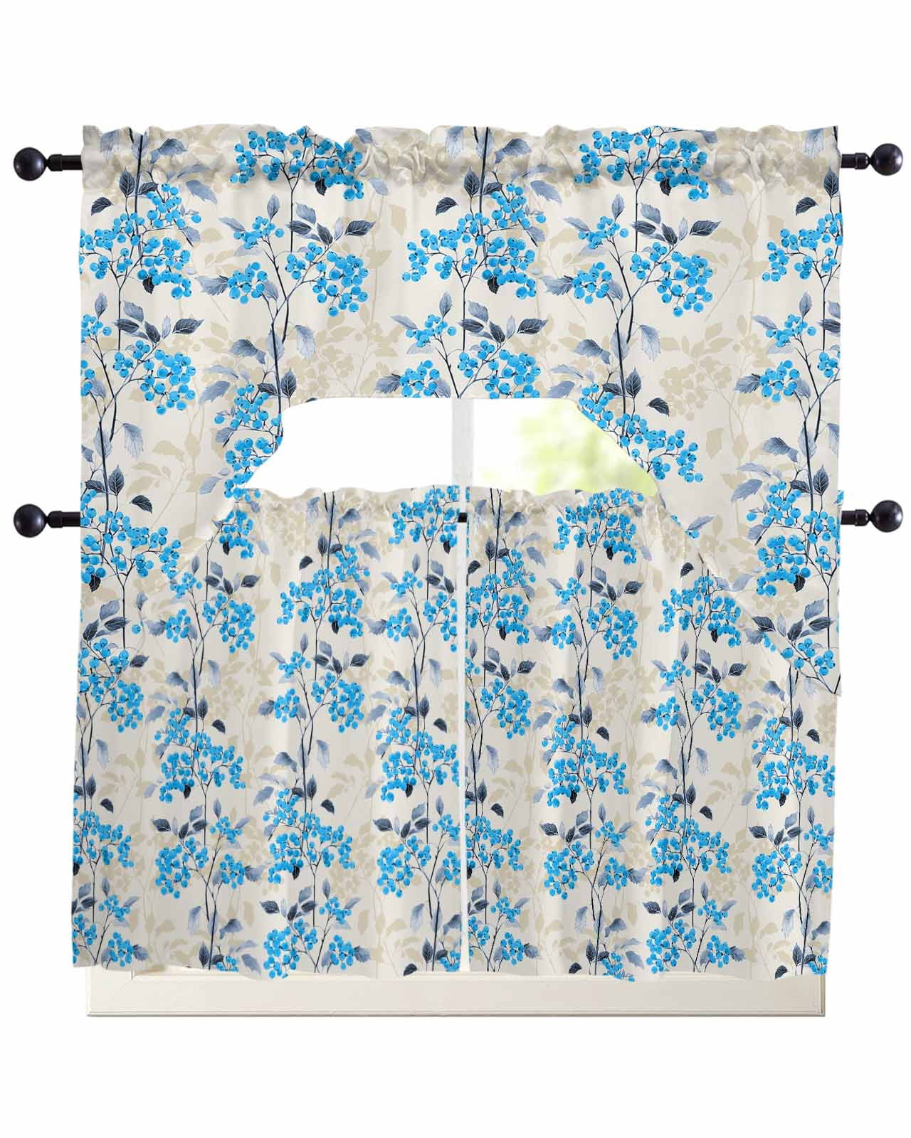 Blue Flowers Kitchen Curtains Swag Valance and Tier Curtains Set 24 ...