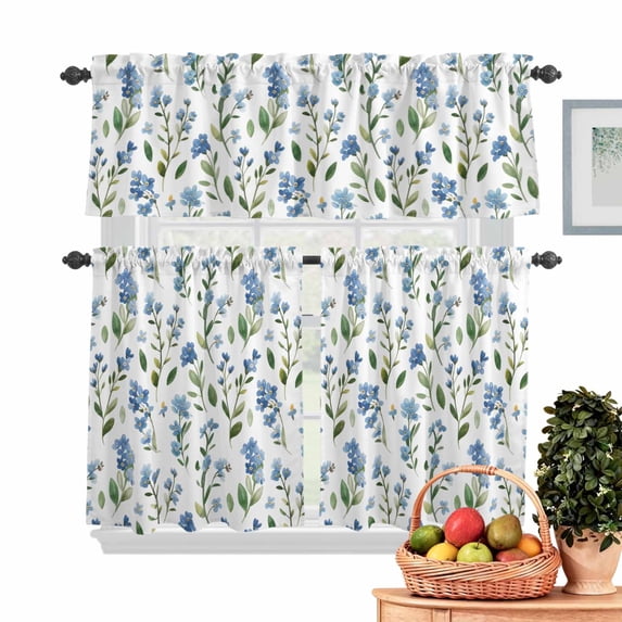Blue Flowers Kitchen Curtains Valances 3 Piece Set, Green Leaf Spring ...