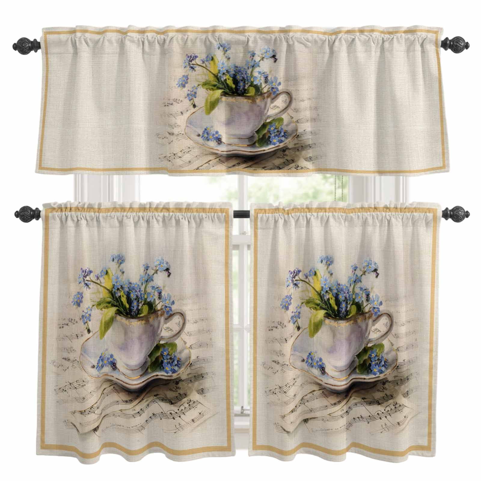 Blue Flowers Kitchen Curtains Valances and Tiers 3pcs Vintage Tea Cups ...