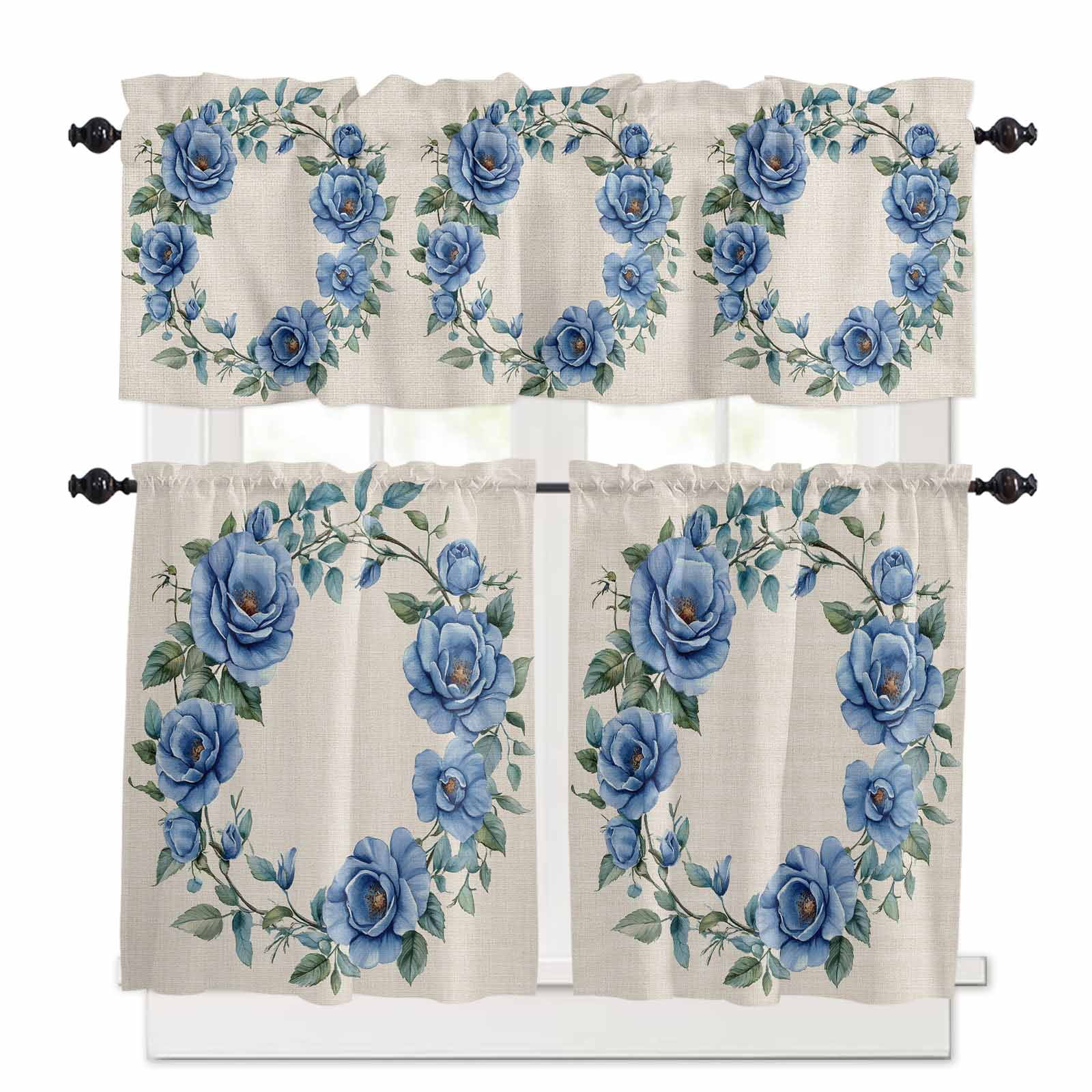 Blue Flowers Kitchen Curtains Valances and Tiers Set of 3 Spring Floral ...
