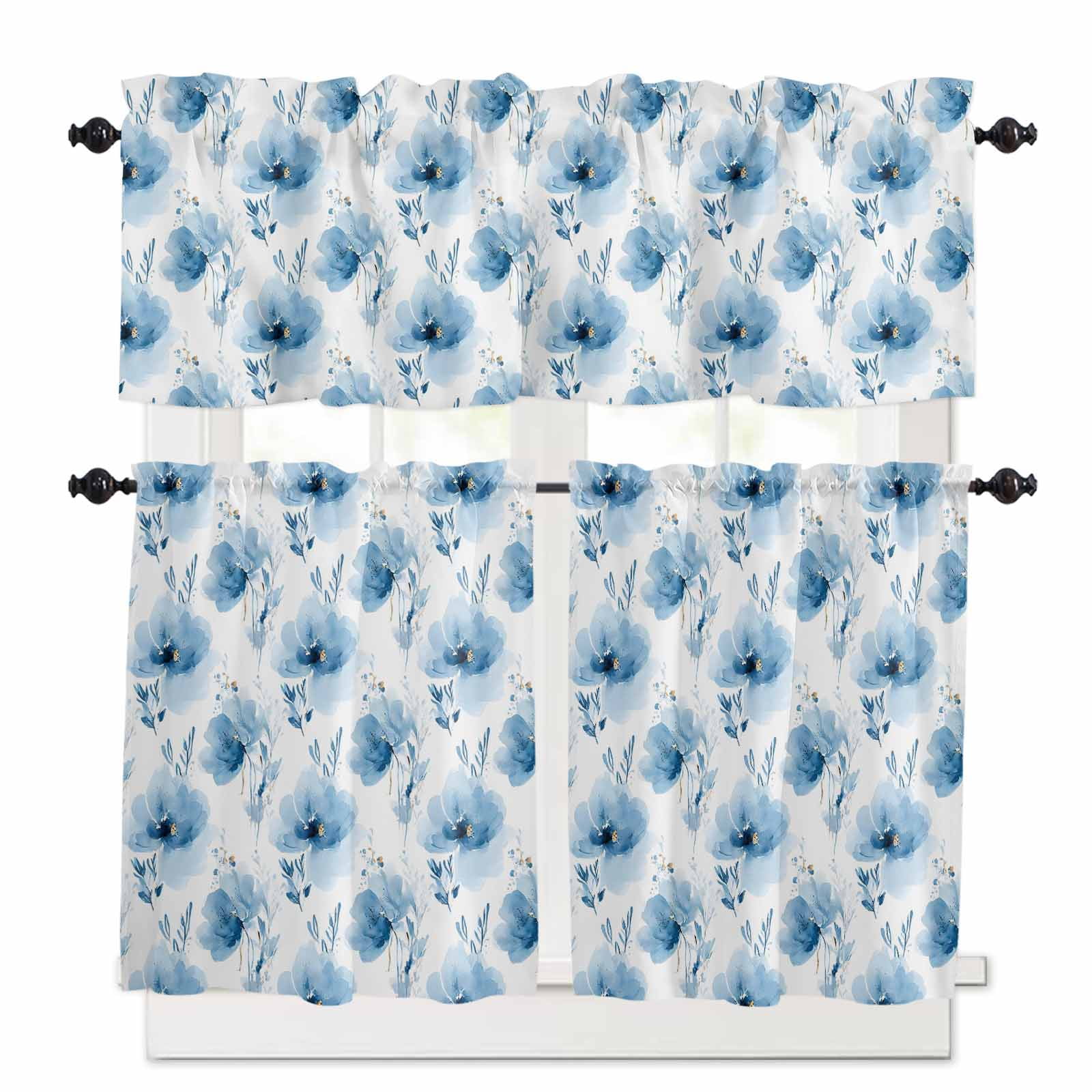 Blue Flowers Kitchen Curtains Valances and Tiers Set of 3 Spring Summer ...