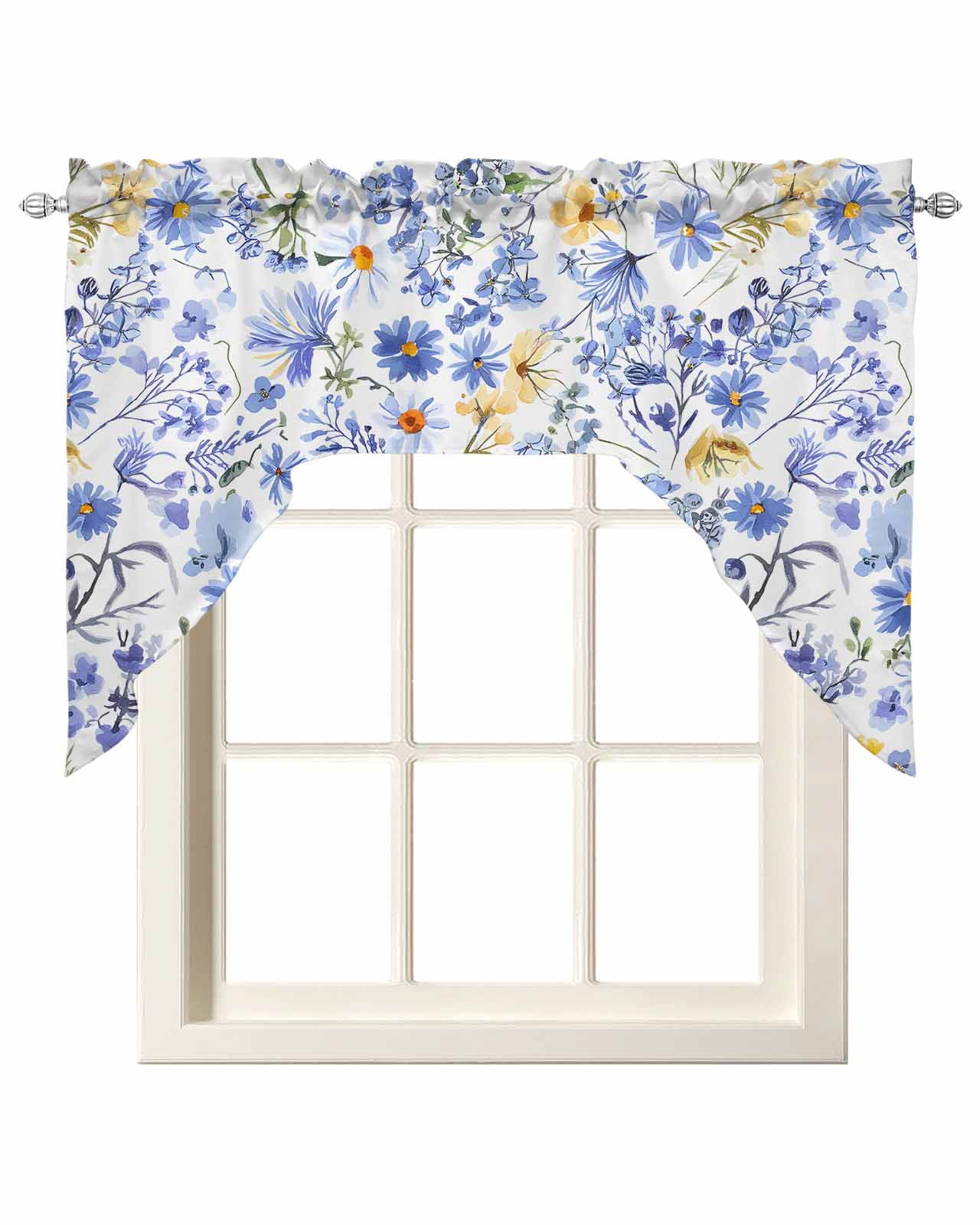 Blue Flowers Kitchen Swag Valances for Windows, Farmhouse Wildflowers ...