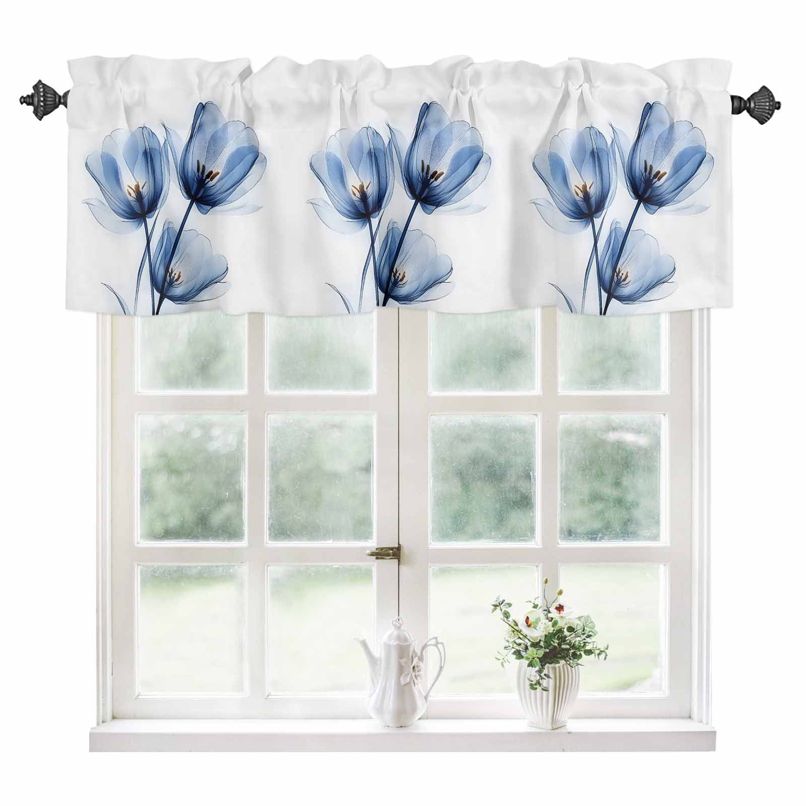 Blue Flowers Kitchen Valances for Windows 42x12 Inch Kitchen Curtains ...