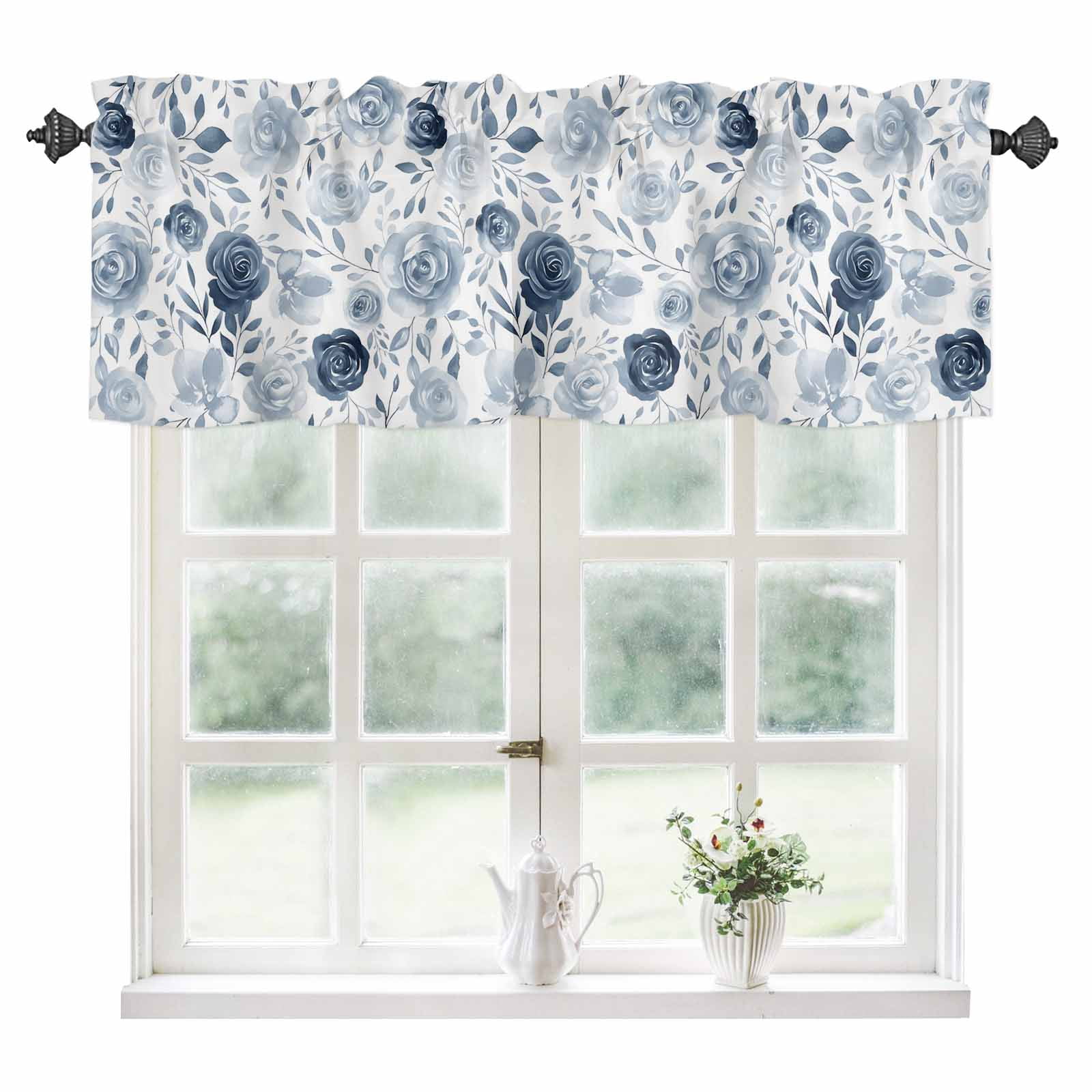 Blue Flowers Kitchen Valances for Windows 60x18 Inch Kitchen Curtains ...