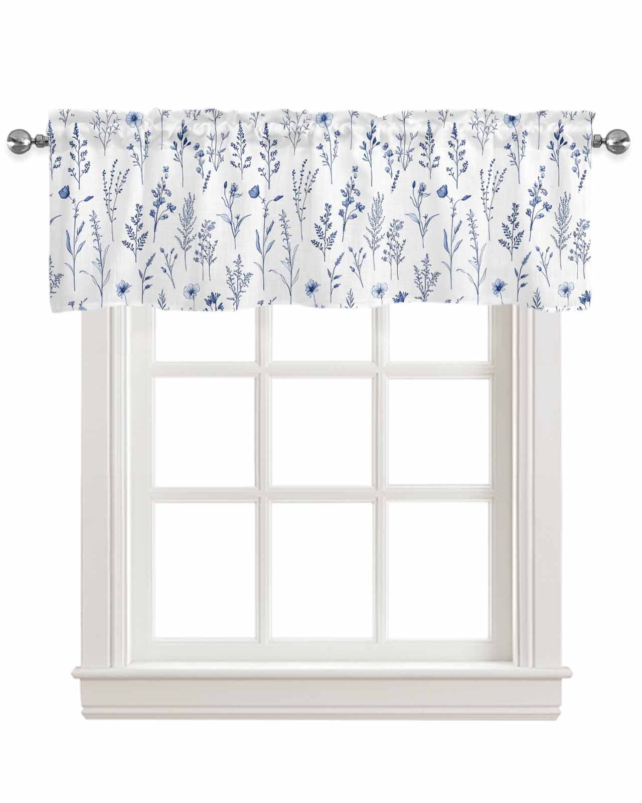 Blue Flowers Kitchen Valances for Windows Farmhouse Linen Window ...