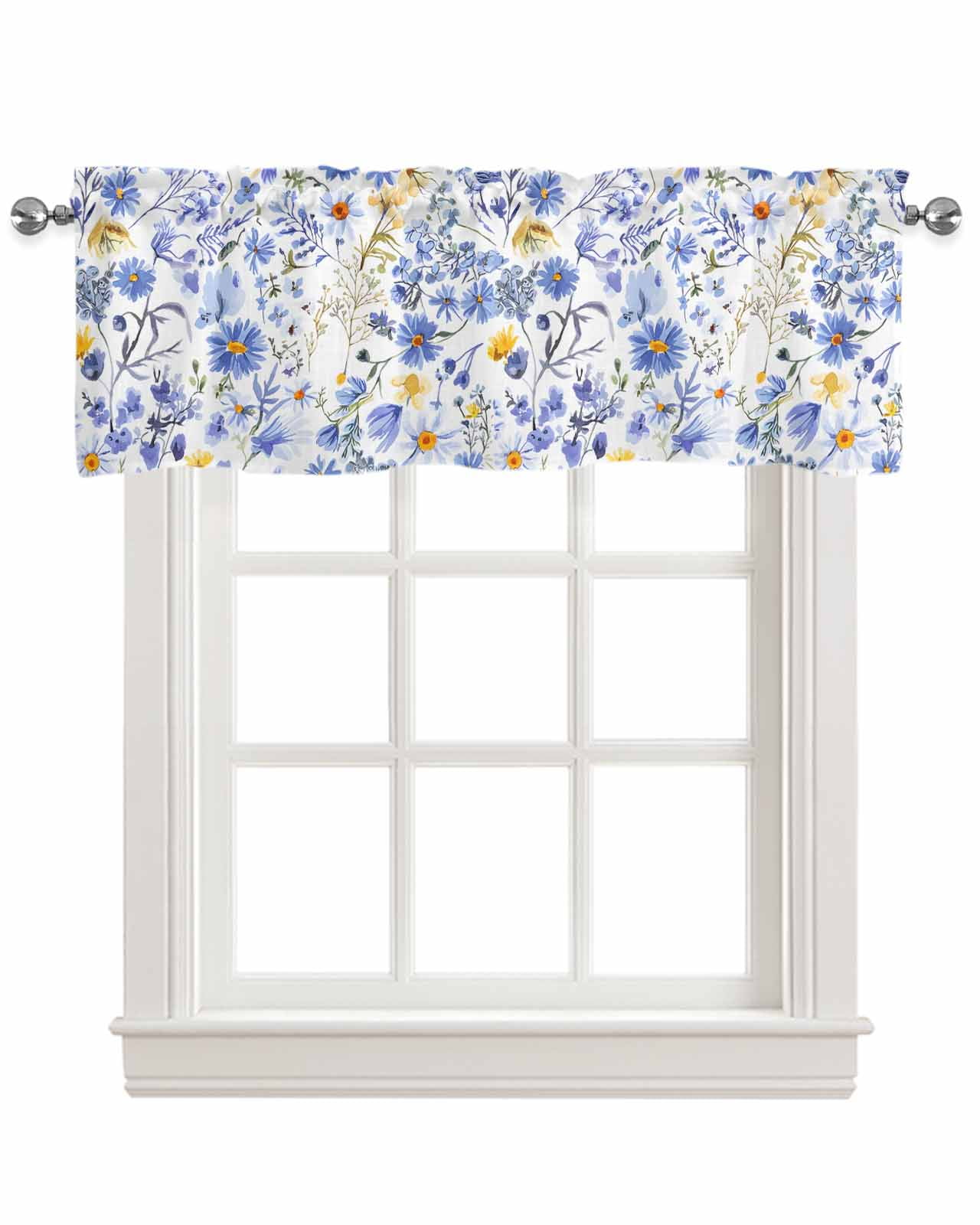 Blue Flowers Kitchen Valances for Windows Farmhouse Linen Window ...