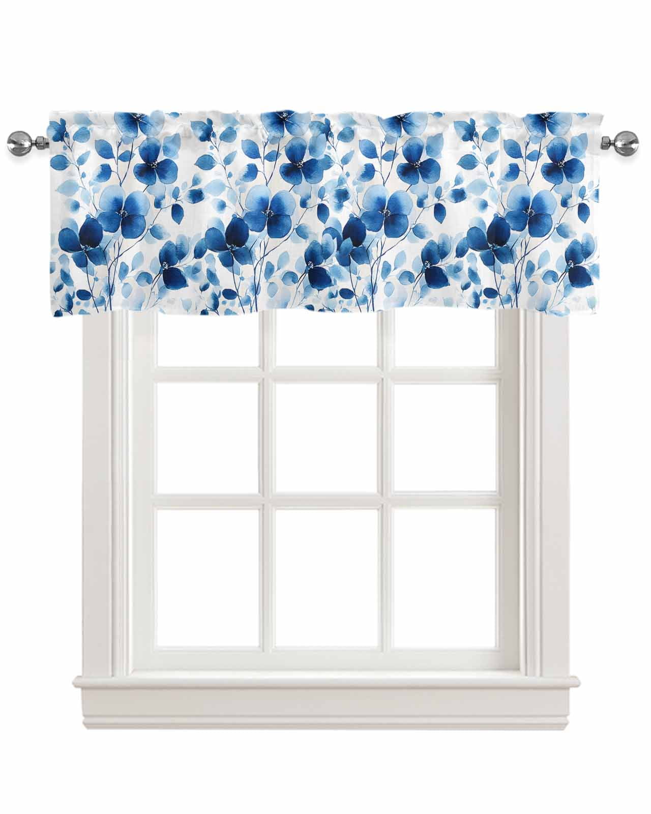 Blue Flowers Kitchen Valances for Windows Farmhouse Linen Window ...
