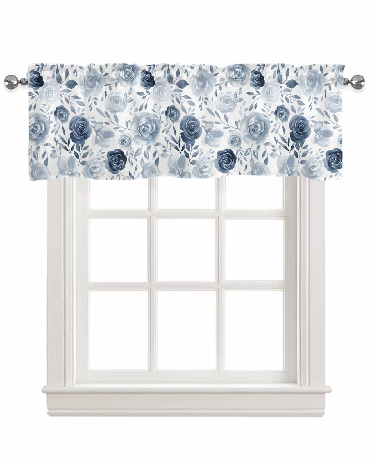 Blue Flowers Kitchen Valances for Windows Farmhouse Linen Window ...
