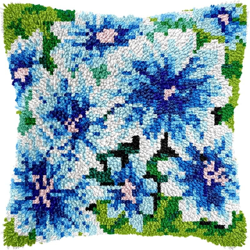 Blue Flowers Latch Hook Pillows Kits Cushion Pillow Cover with Pattern ...