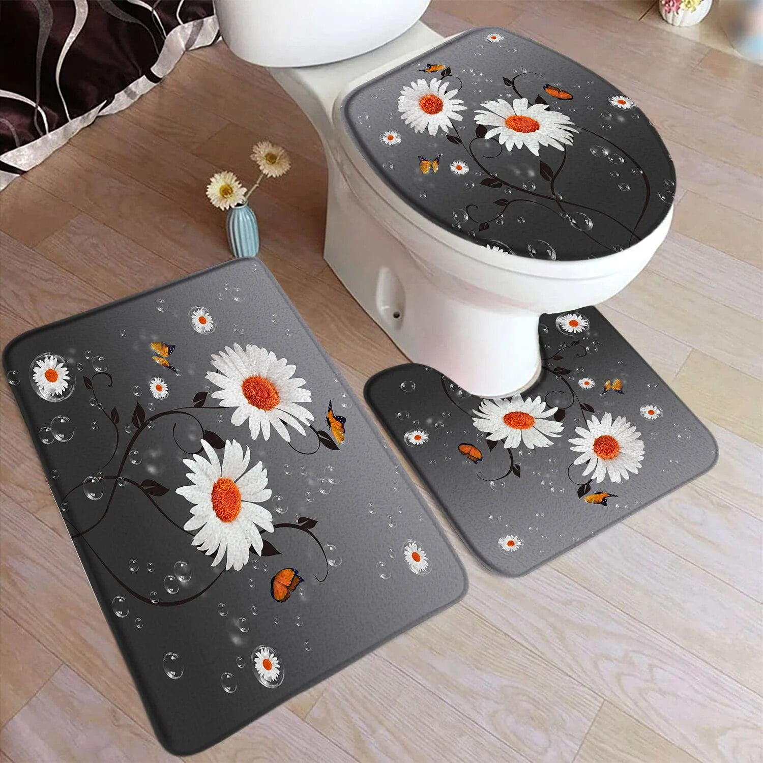 Blue Flowers Leaves Bath Mat Set Watercolor Art Floral Rose Non-slip ...