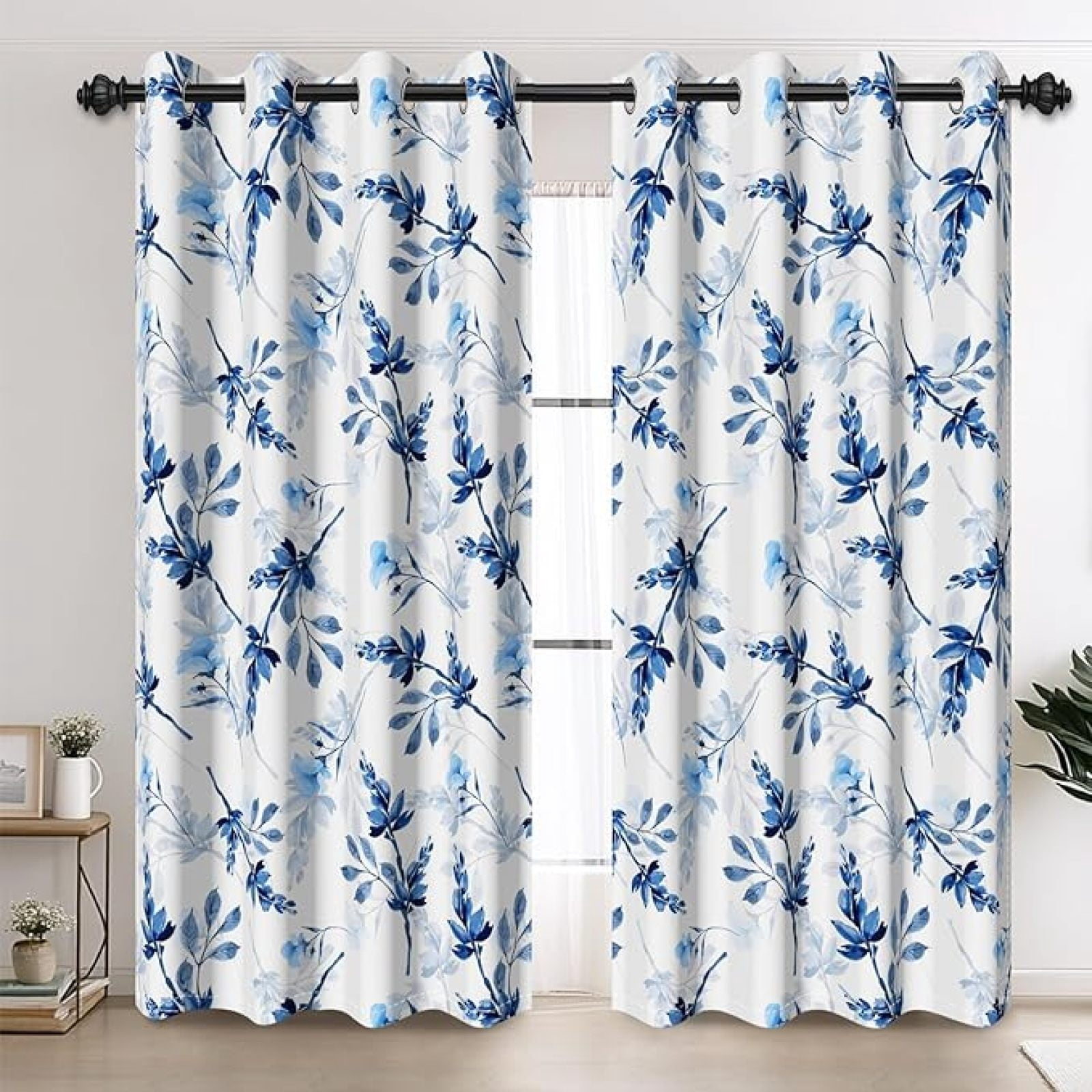 Blue Flowers And Leaves Blackout Curtains, Watercolor Floral Botanical ...