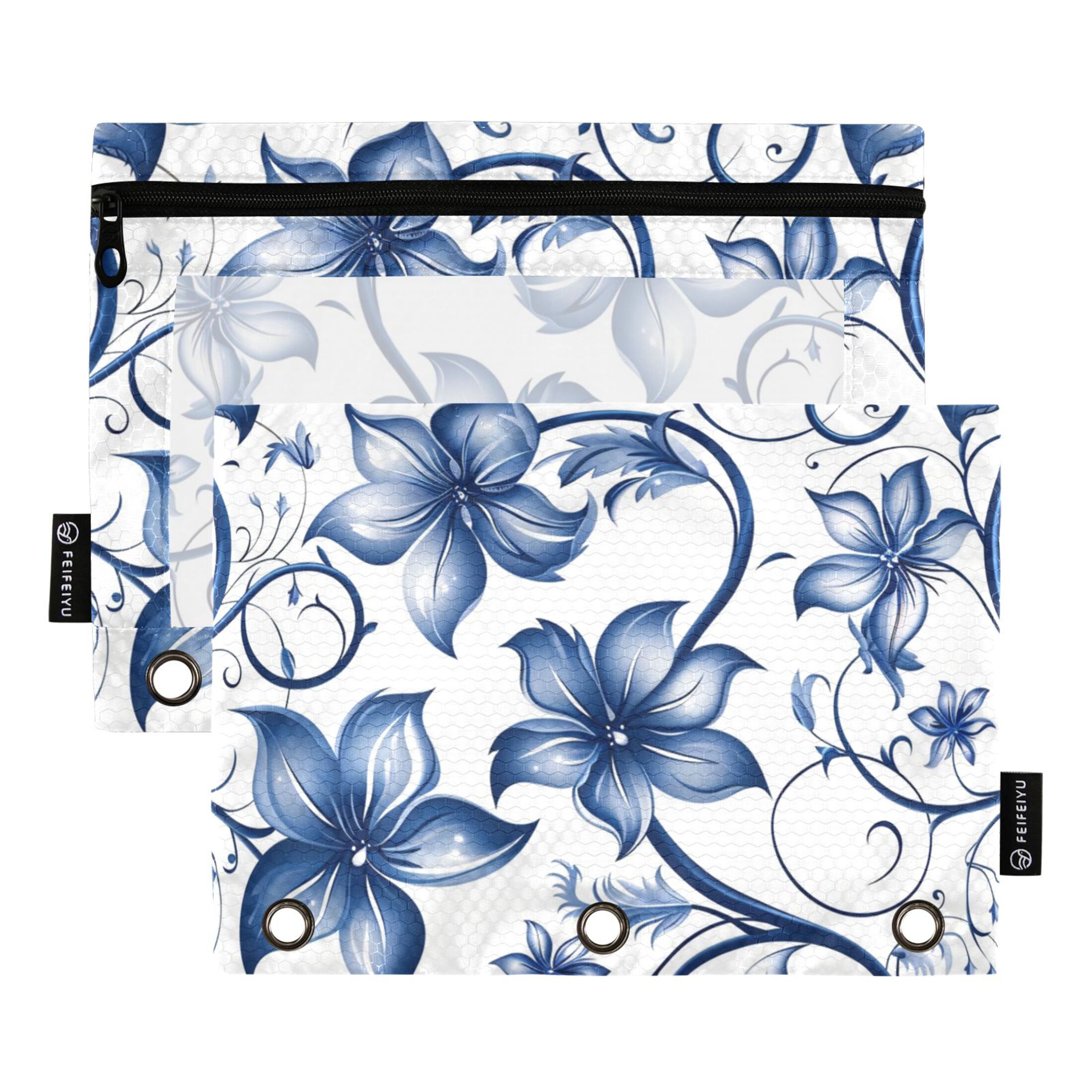 Blue Flowers Leaves Digital Pattern Binder Pouches Zipper Pocket ...
