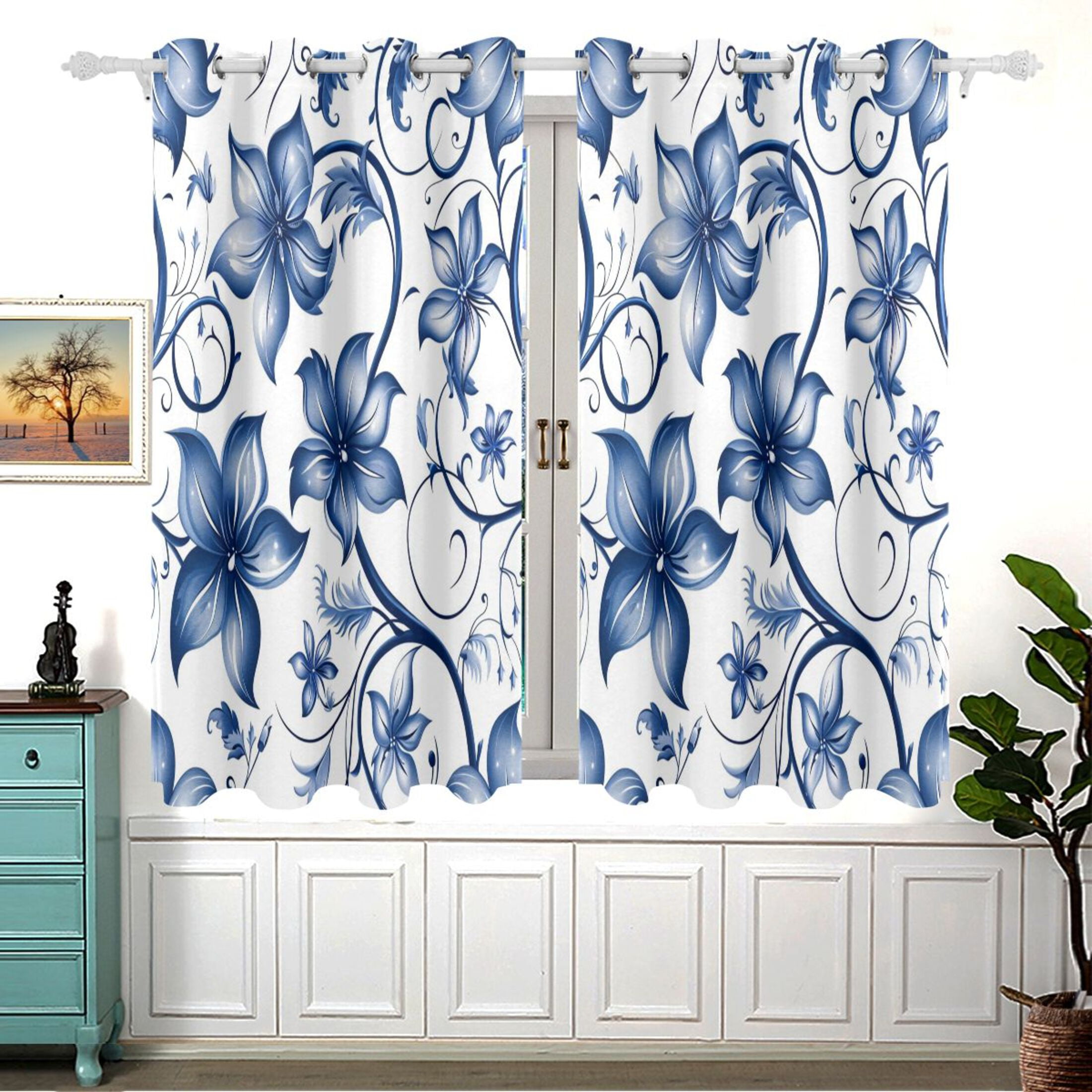 Blue Flowers Leaves Digital Pattern Curtains Drapes with Grommets 2 ...