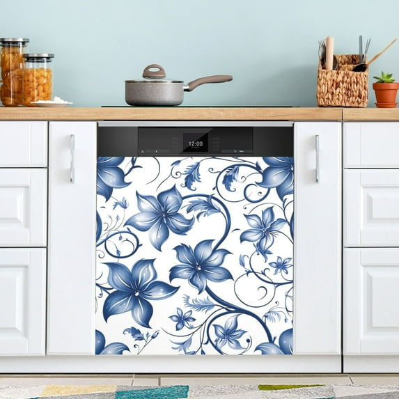 Blue Flowers Leaves Digital Pattern Dishwasher Magnet Refrigerator ...