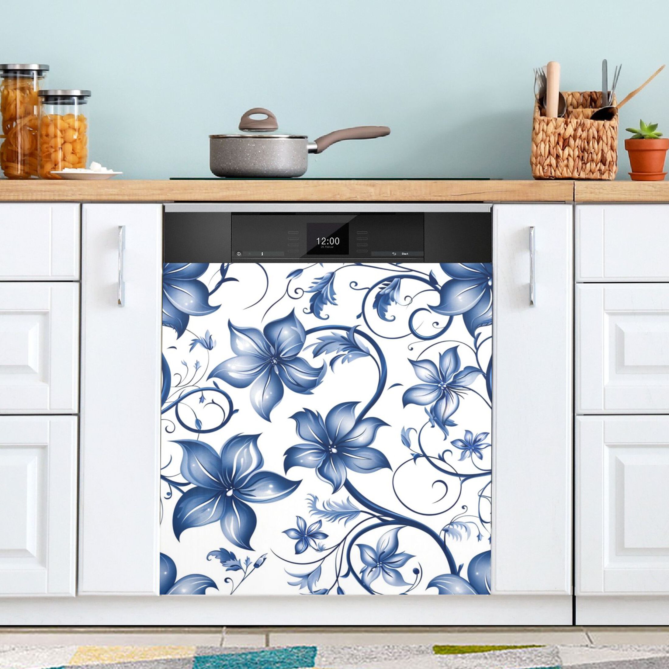 Blue Flowers Leaves Digital Pattern Dishwasher Magnet Refrigerator ...