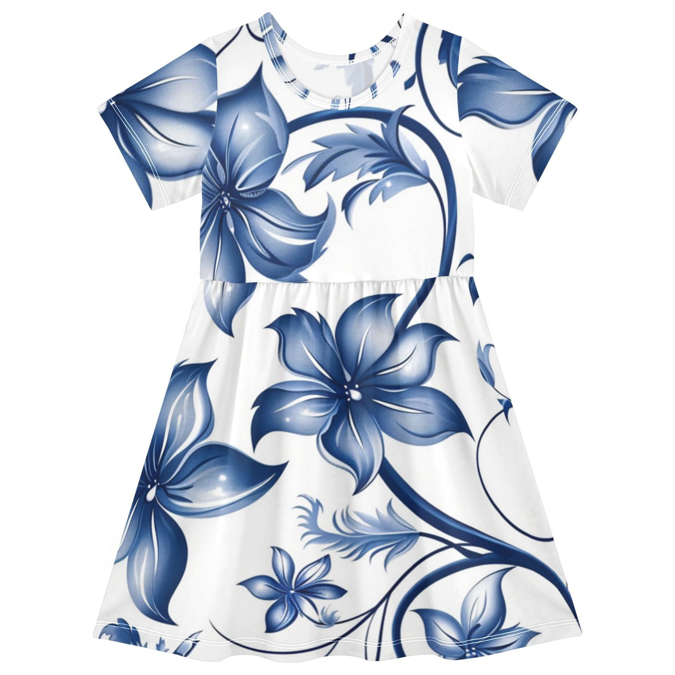 Blue Flowers Leaves Digital Pattern Girls' Short Sleeve Dress A-Line ...