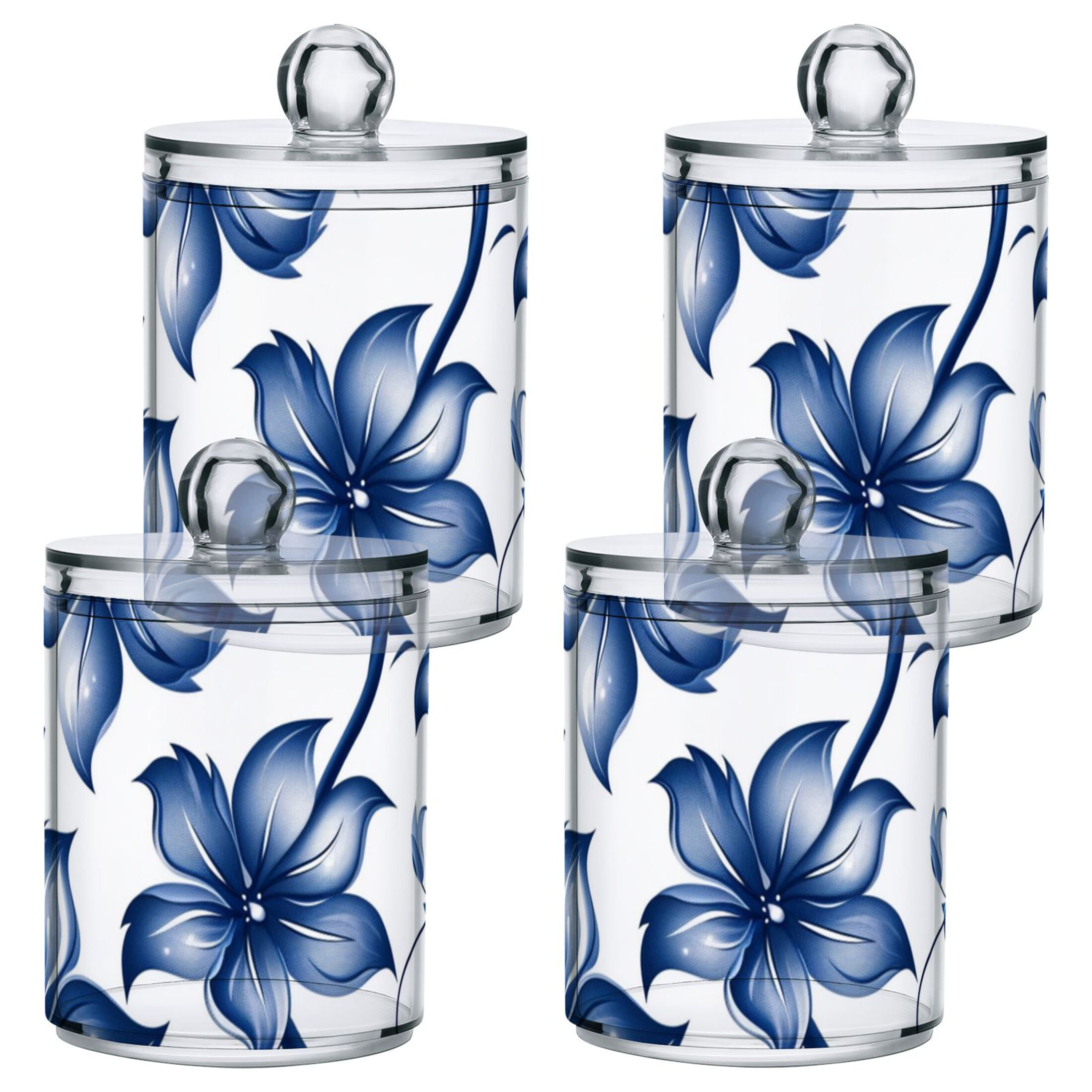Blue Flowers Leaves Digital Pattern Translucent Plastic Cans Storage ...