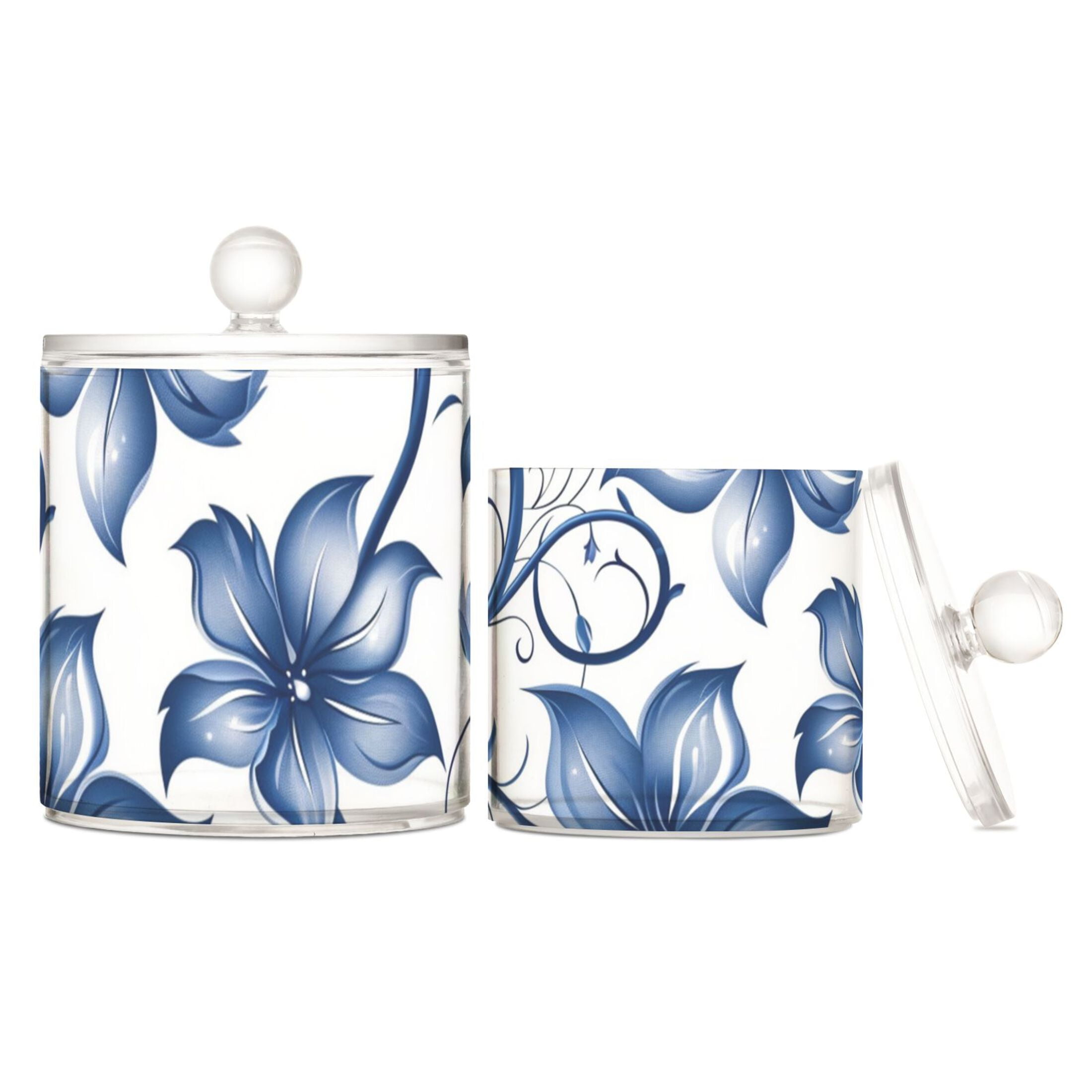 Blue Flowers Leaves Digital Pattern Translucent Plastic Cans Storage ...