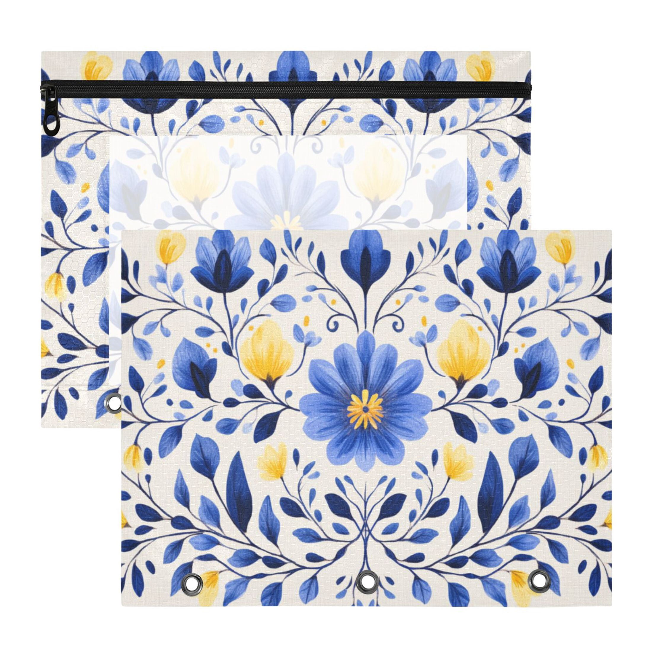 Blue Flowers Leaves Yellow Buds 3-Ring Binder Pouches A4 Size Zipper ...