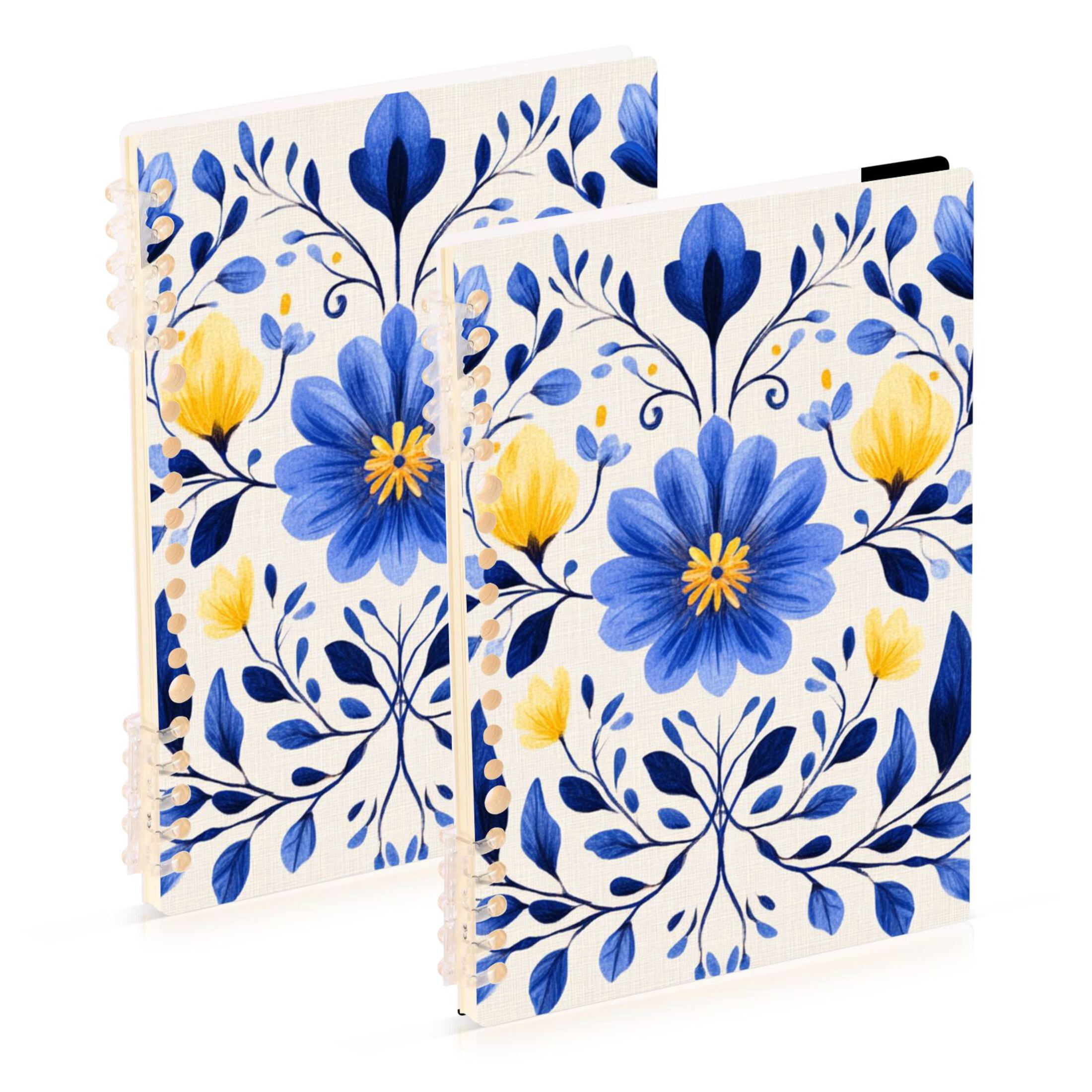 Blue Flowers Leaves Yellow Buds Notebook Detachable Coil Notebook Diary ...