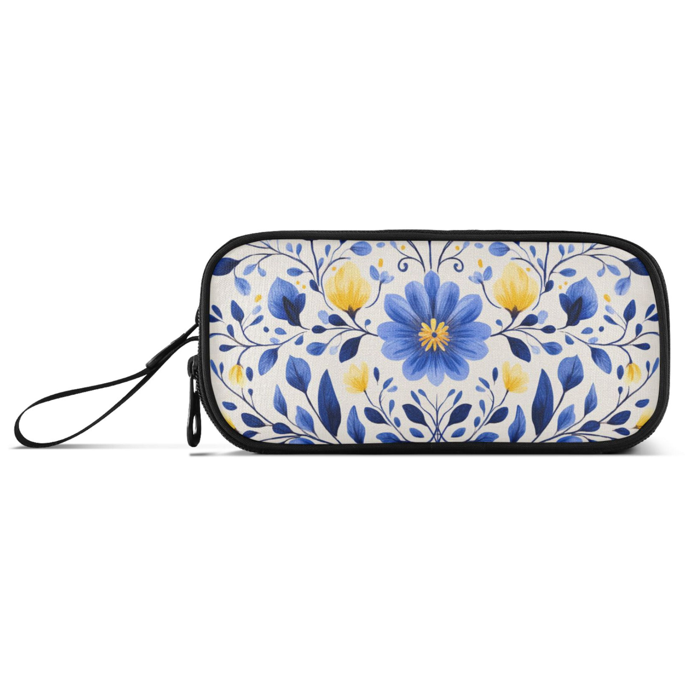 Blue Flowers Leaves Yellow Buds Pencil Case Stationary Holder Pen Bag ...