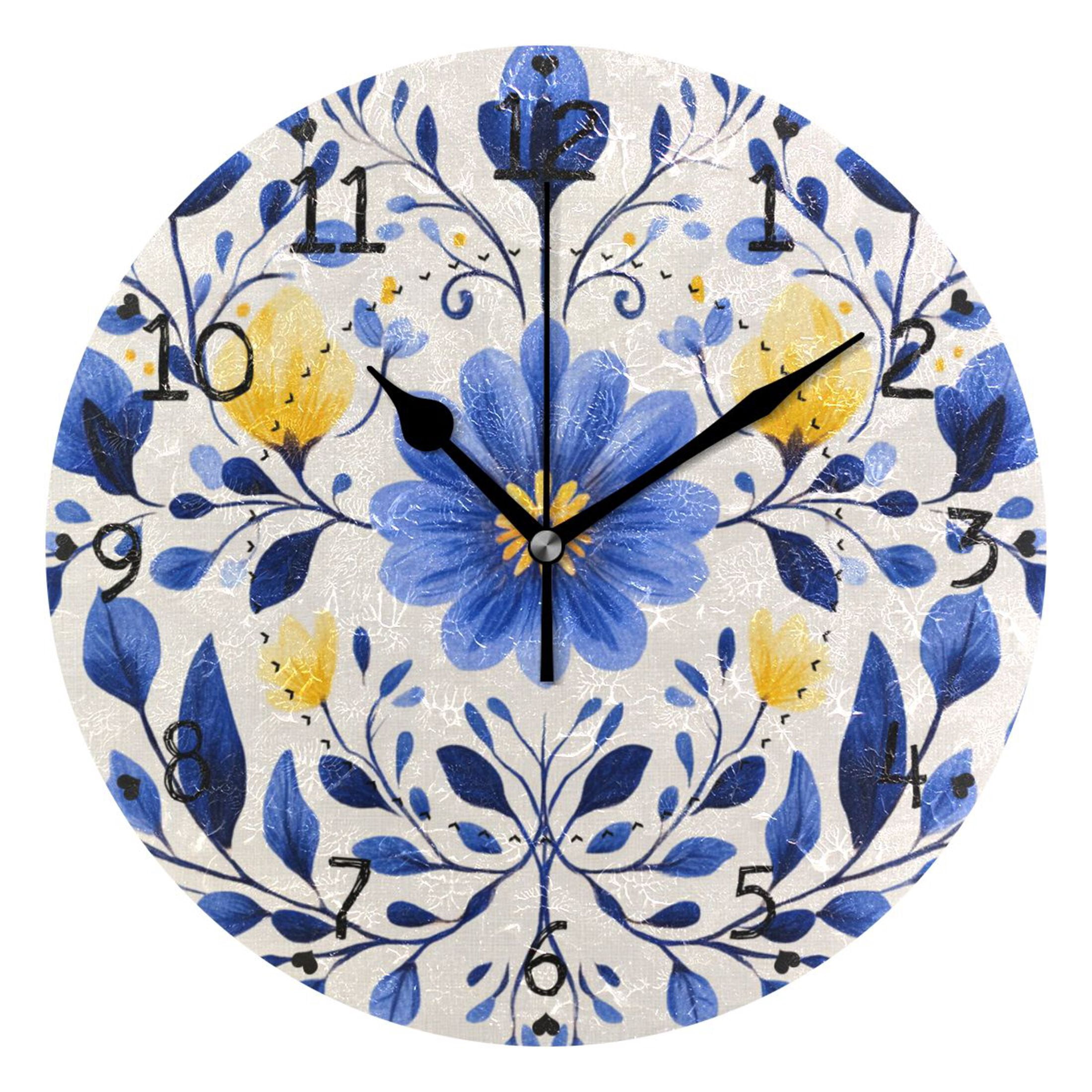 Blue Flowers Leaves Yellow Buds Round Wall Clock Silent Analog Battery ...