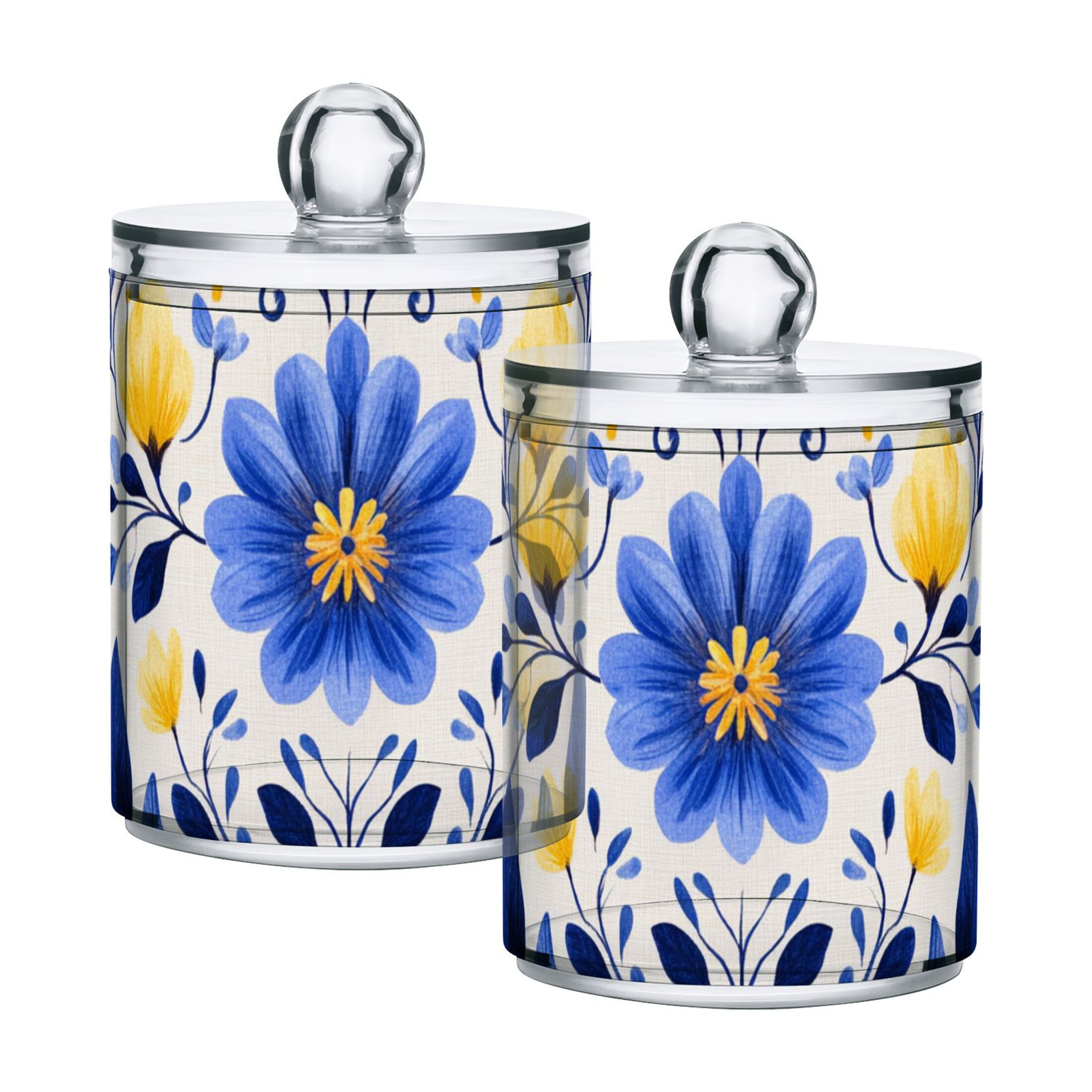 Blue Flowers Leaves Yellow Buds Translucent Plastic Cans Storage ...