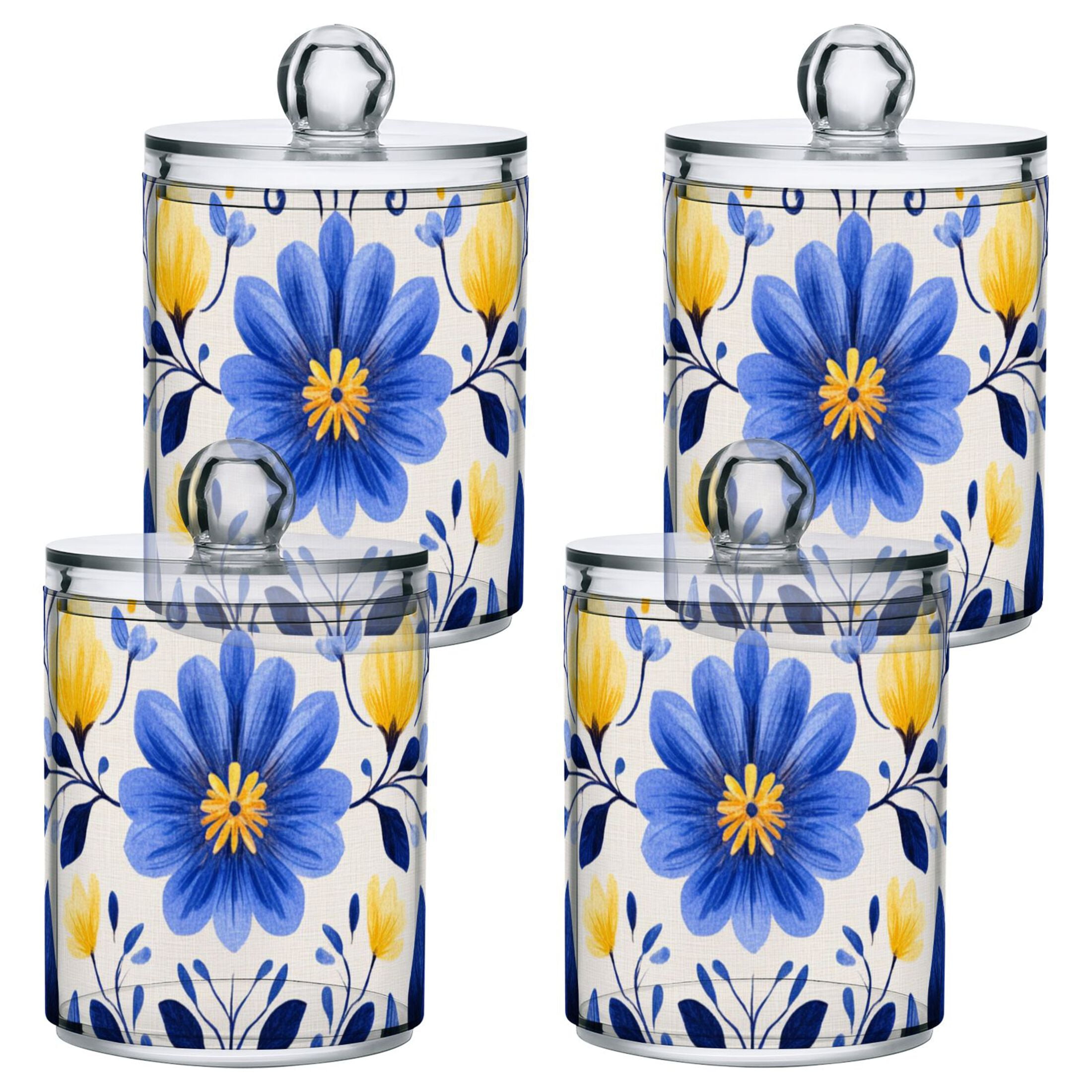 Blue Flowers Leaves Yellow Buds Translucent Plastic Cans Storage ...