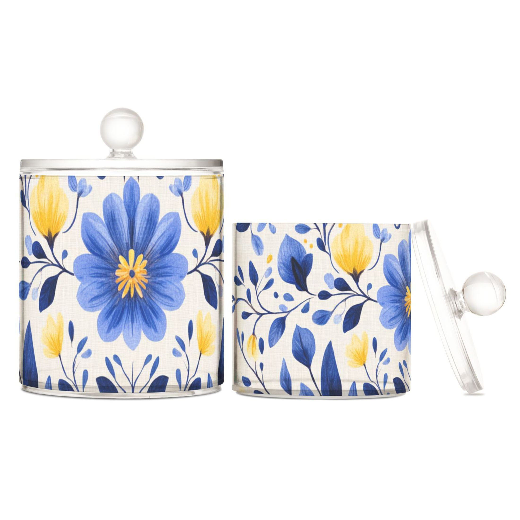 Blue Flowers Leaves Yellow Buds Translucent Plastic Cans Storage ...