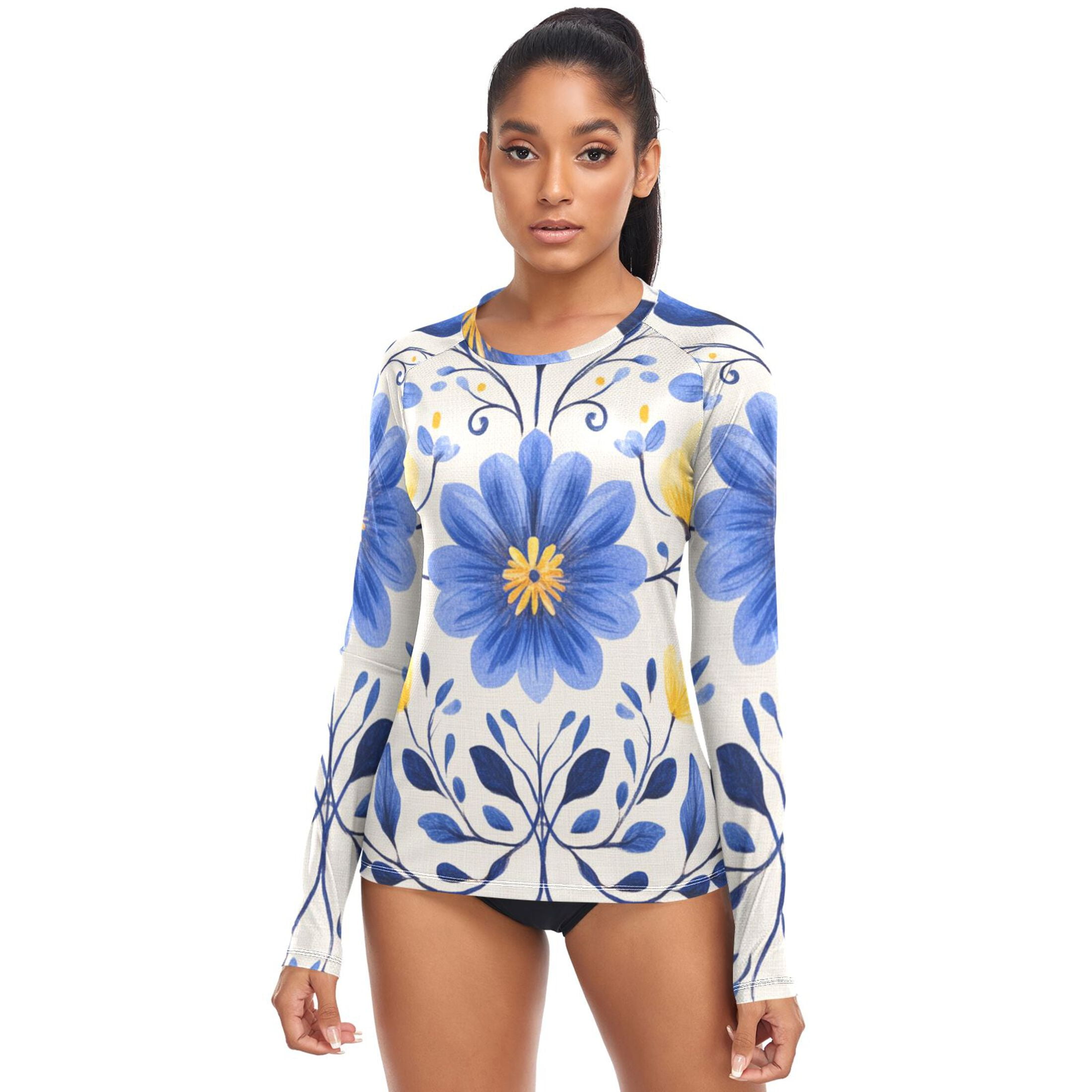 Blue Flowers Leaves Yellow Buds Women's Rash Guard Shirts UPF 50+ Sun ...