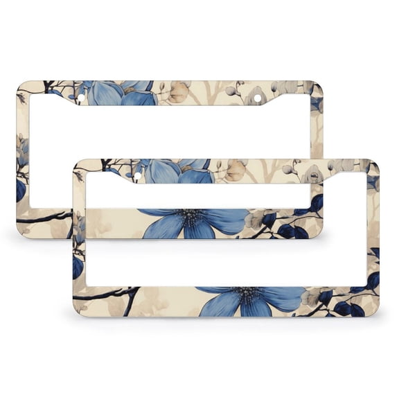Blue Flowers License Plate Cover 2 Pieces Blue Flowers Leaf Bird Retro ...