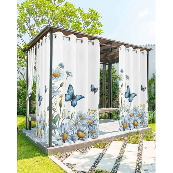 Blue Flowers Outdoor Curtains for Patio, Daisy Butterflies Dragonfly ...