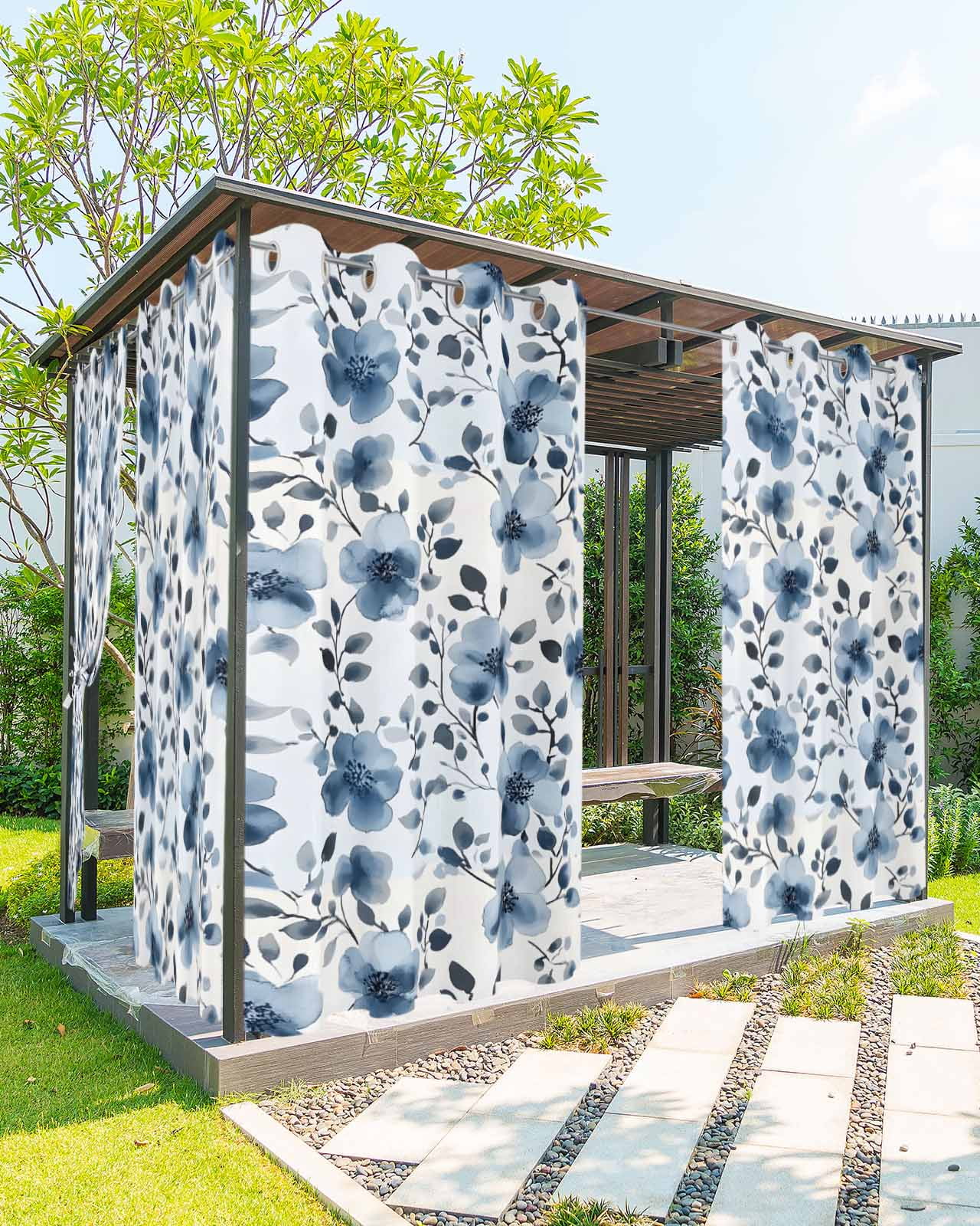 Blue Flowers Outdoor Curtains for Patio, Retro Spring Watercolor Floral ...
