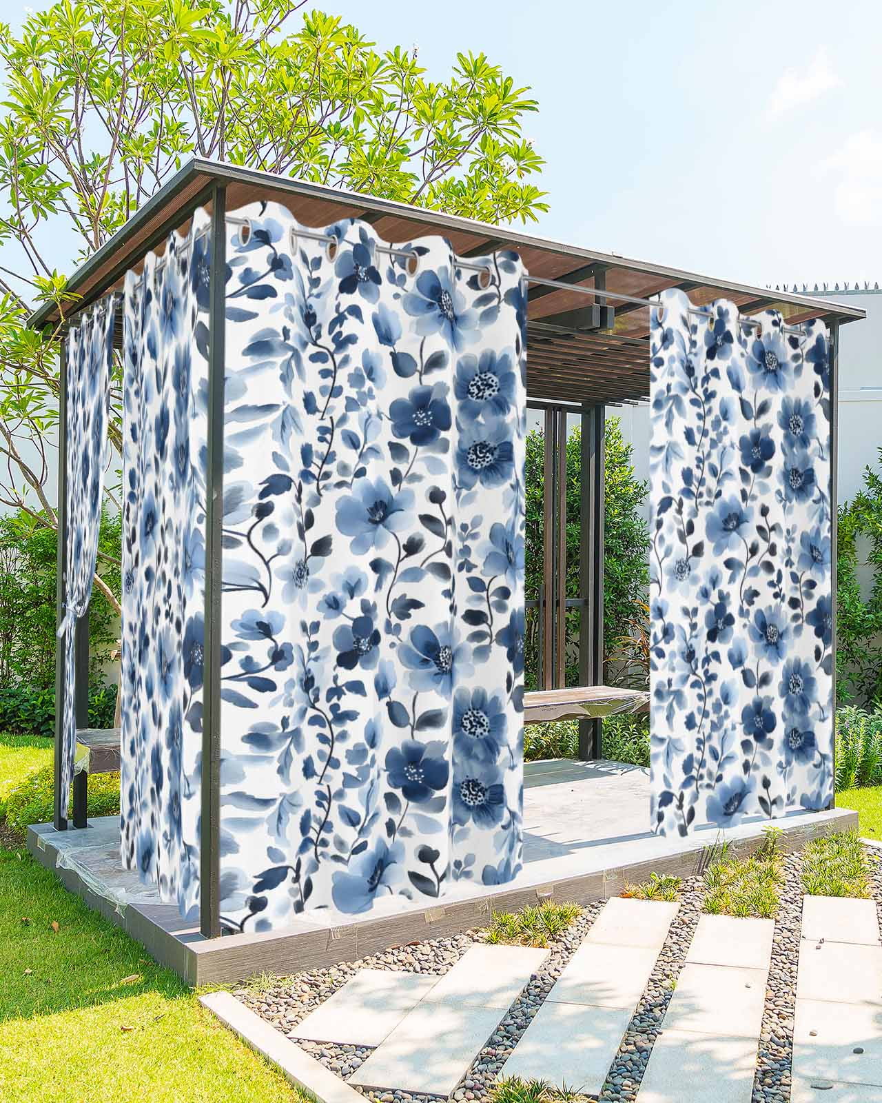 Blue Flowers Outdoor Curtains for Patio, Retro Spring Watercolor Floral ...