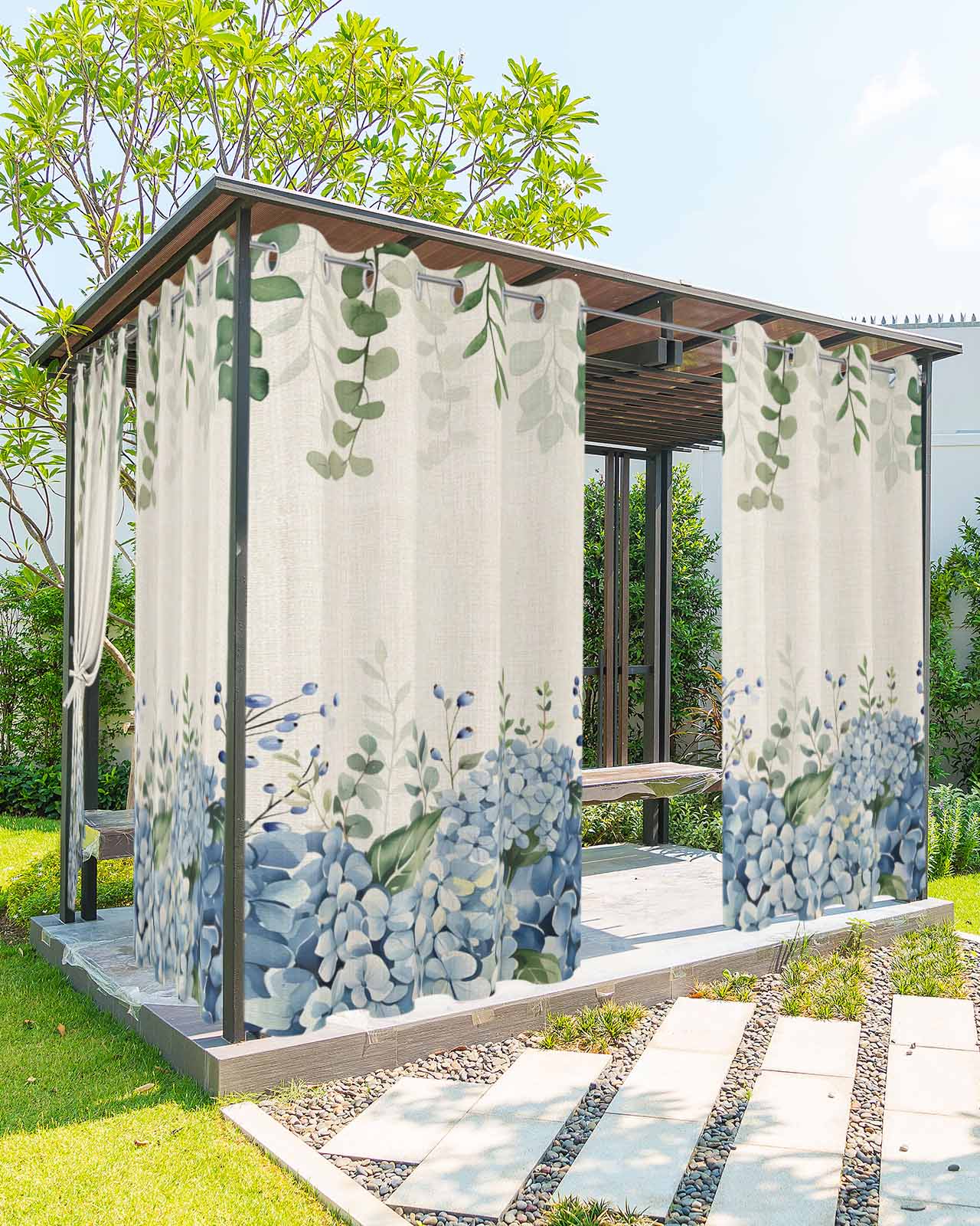 Blue Flowers Outdoor Curtains for Patio Waterproof, Green Eucalyptus ...