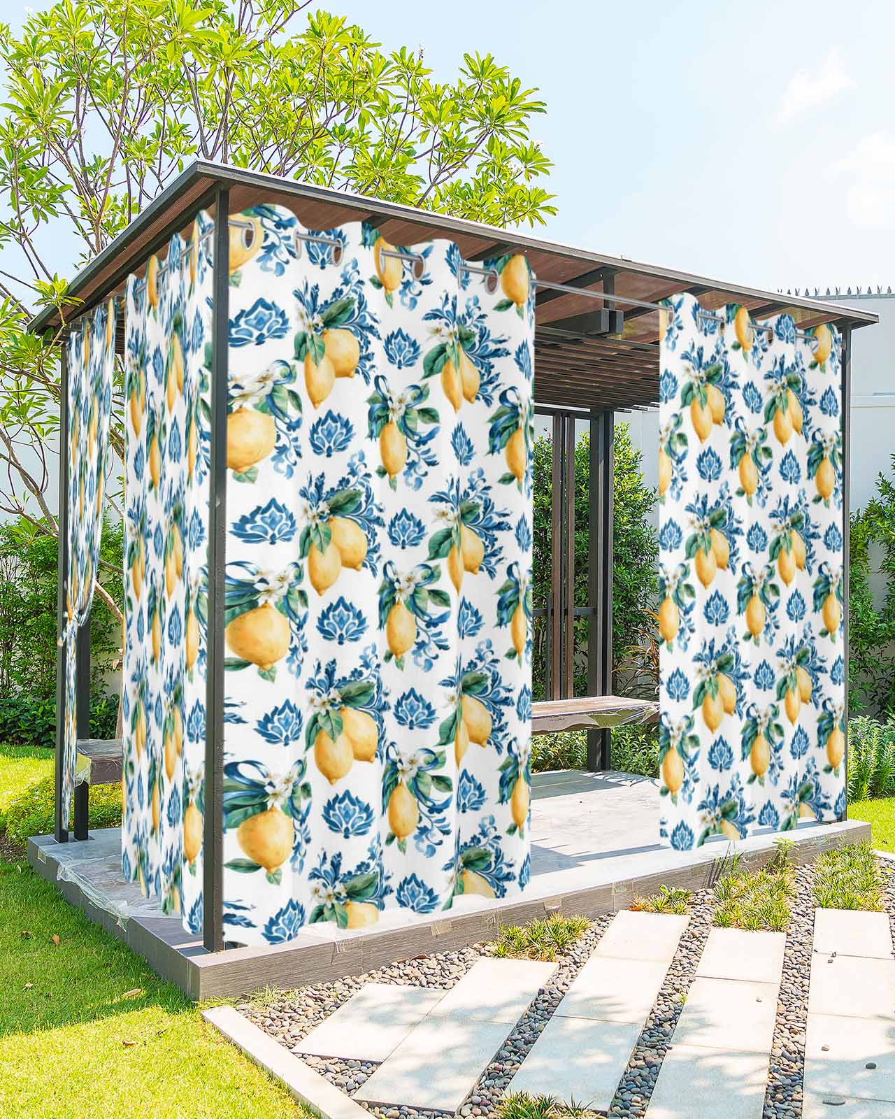 Blue Flowers Outdoor Curtains for Patio, Yellow Lemons Summer Fruit ...