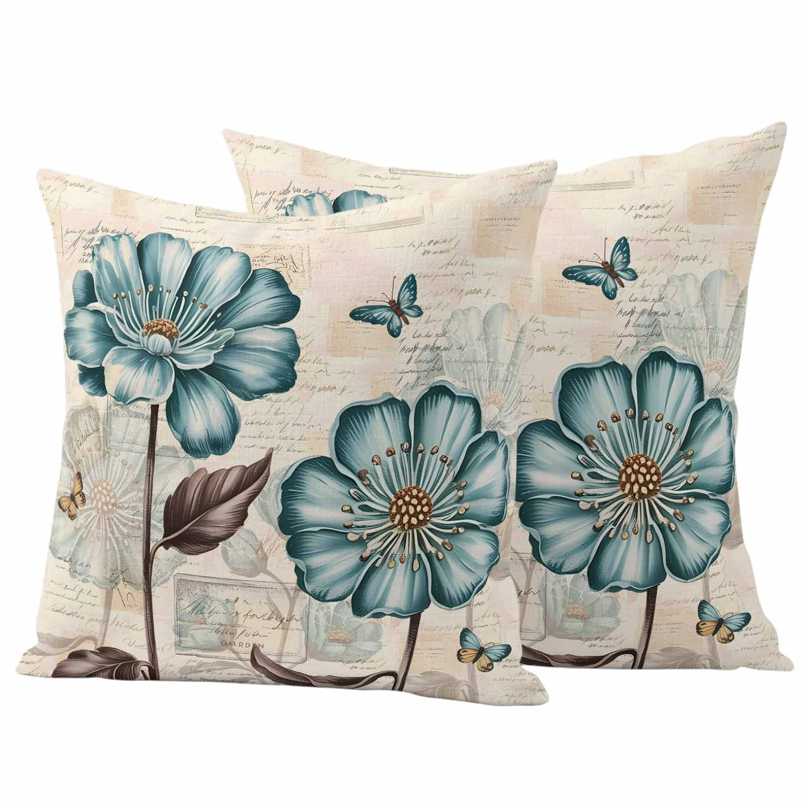 Blue Flowers Outdoor Pillow Covers Set of 2 Vintage Country Teal Tulip ...