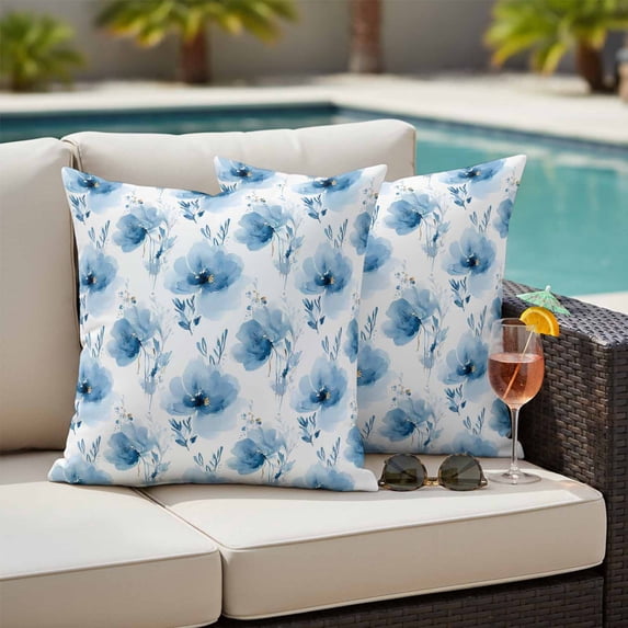 Blue Flowers Outdoor Waterproof Throw Pillow Covers Set of 2, 16"x16 ...