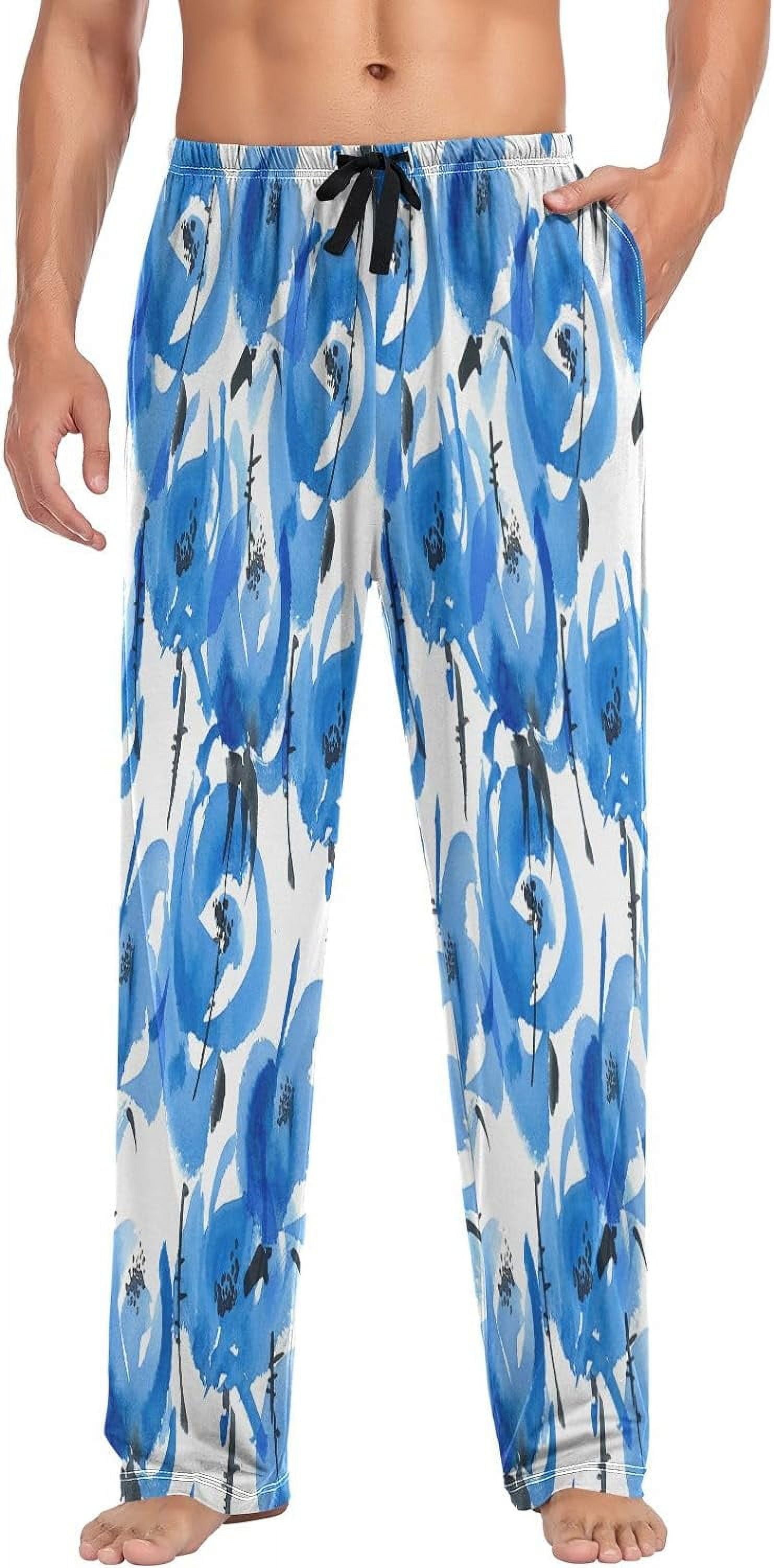 Blue Flowers Pattern Men's Pajama Pants Lightweight Sleepwear Bottom ...